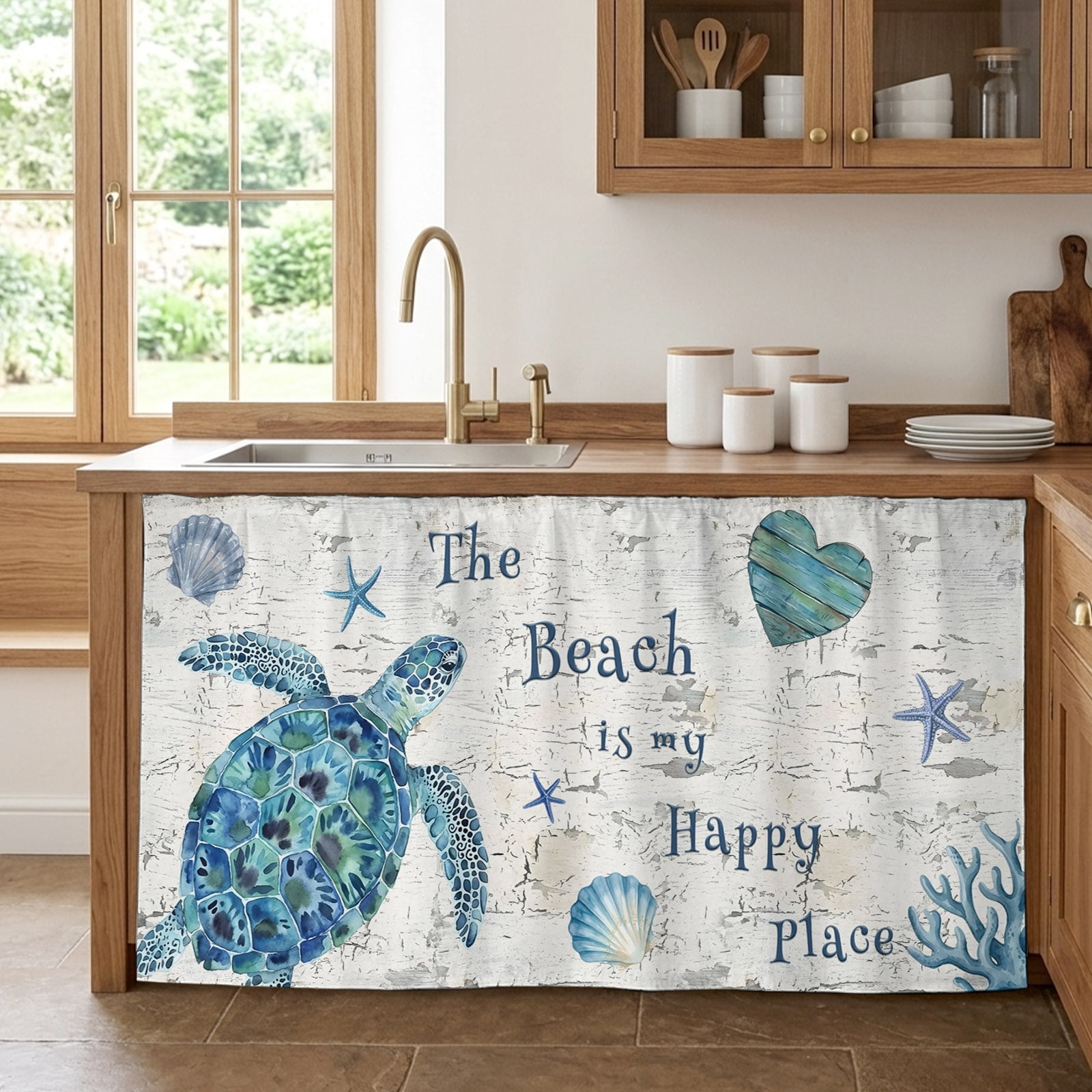 Blue Sea Turtle Cabinet Curtains 28" W x 51" L Beach Happy Place ...