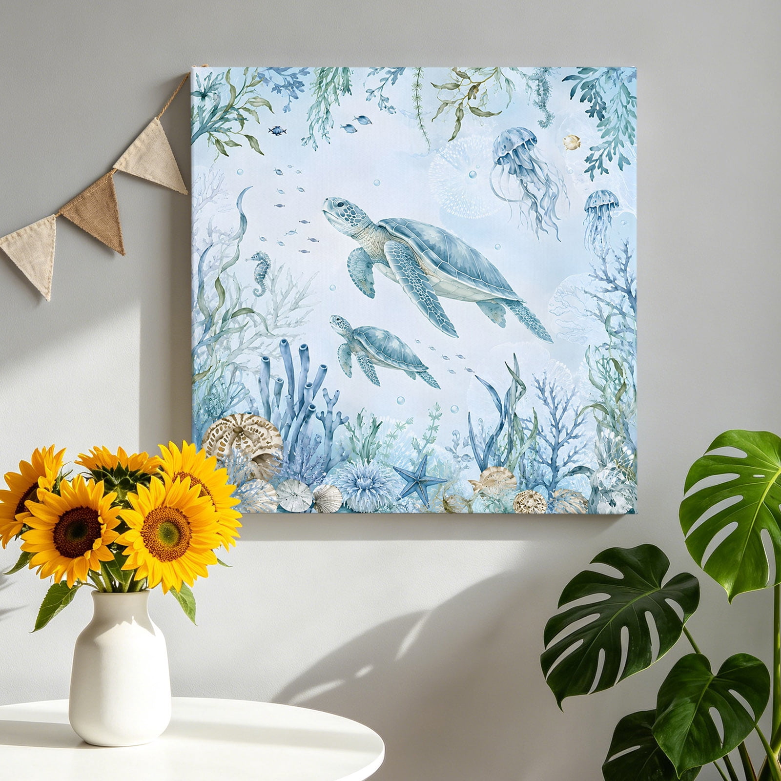 Blue Sea Turtle Canvas Wall Art for Living Room, Summer Beach Nautical ...