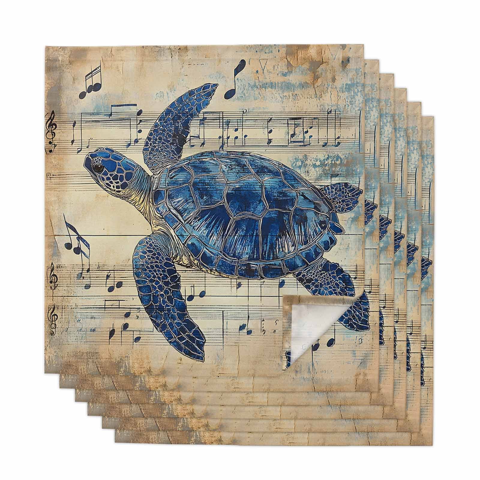 Blue Sea Turtle Cloth Napkins, Vintage Coastal Sheet Music Washable and ...