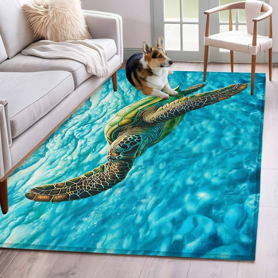 Blue Sea Turtle Coastal Area Rug 3x5 Washable Rug Non Slip Nautical ...