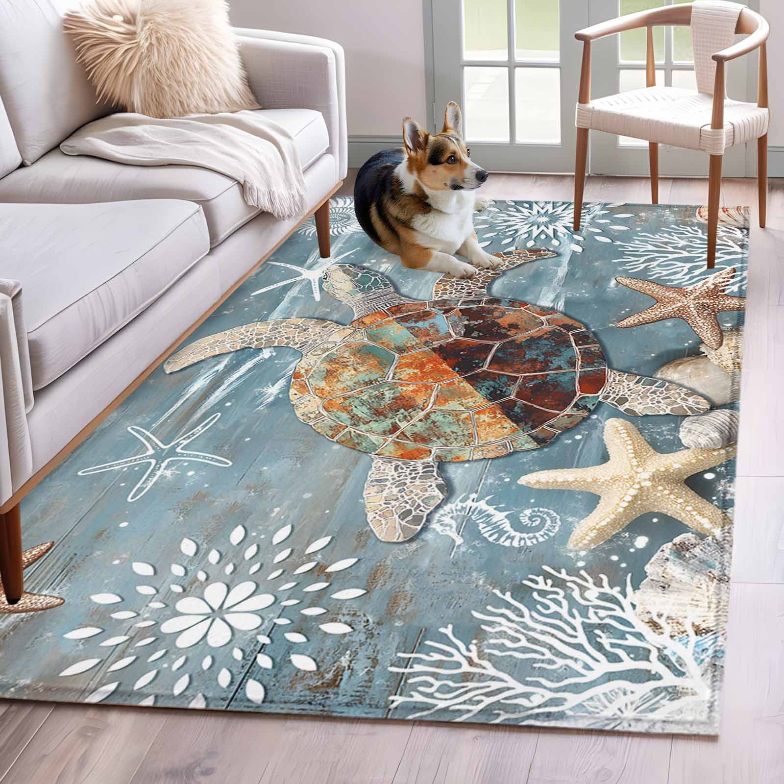 Blue Sea Turtle Coastal Area Rug 4x6 FT,Non Slip Kids Room Carpet ...