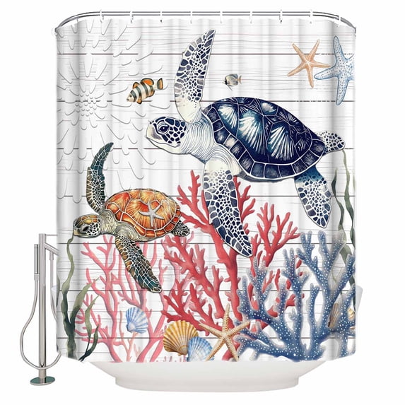 Blue Sea Turtle Coastal Bathroom Shower Curtains with 12 Hooks ...