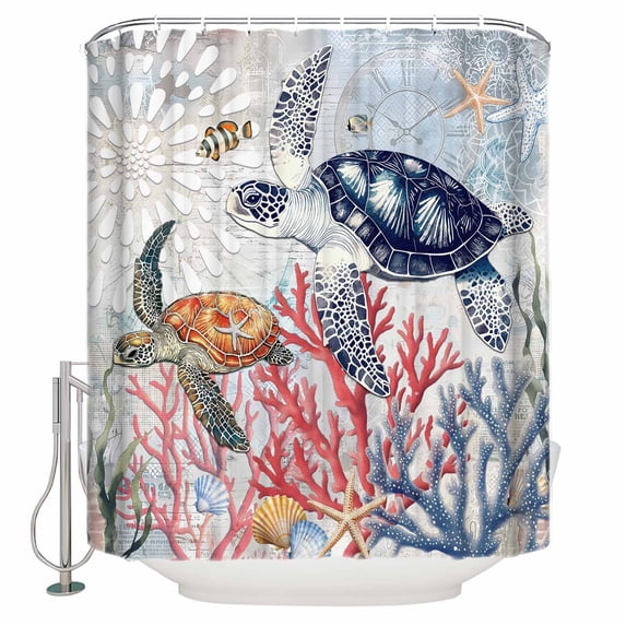 Blue Sea Turtle Coastal Bathroom Shower Curtains with 12 Hooks ...