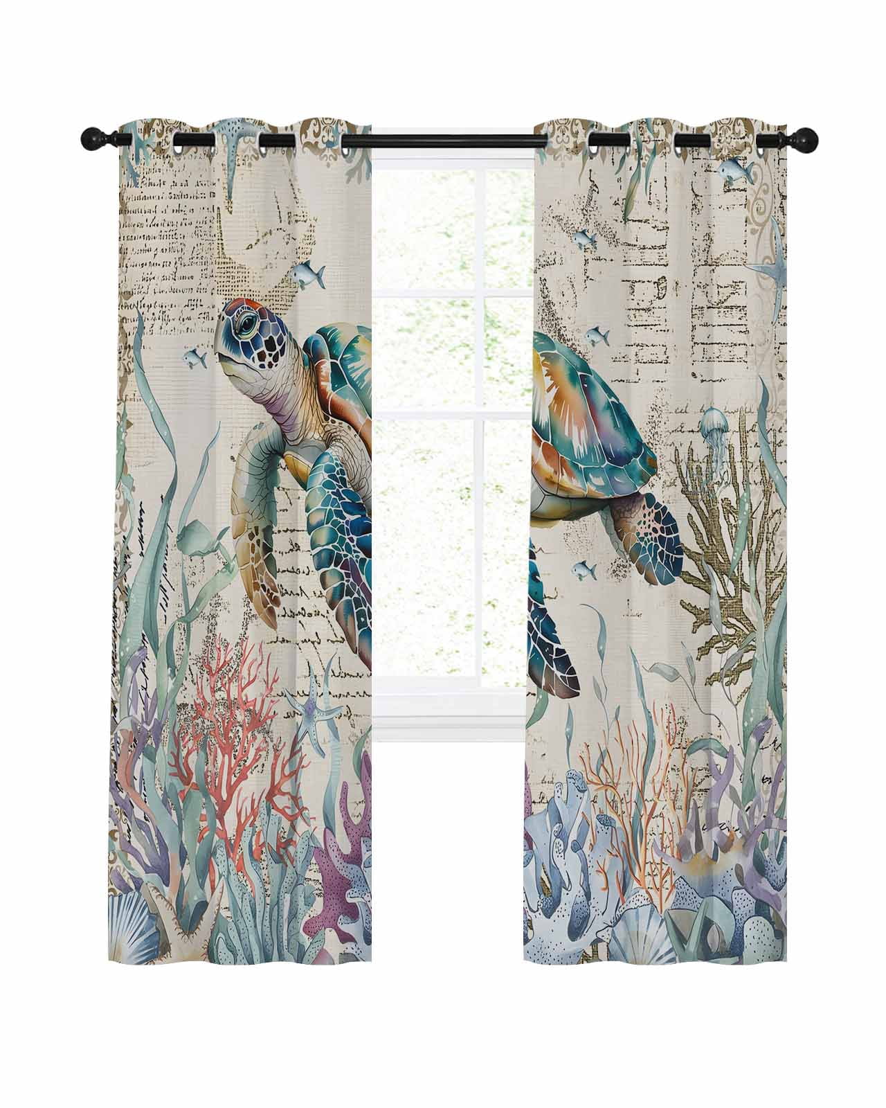 Blue Sea Turtle Coastal Blackout Curtains, Light Blocking Print Window ...