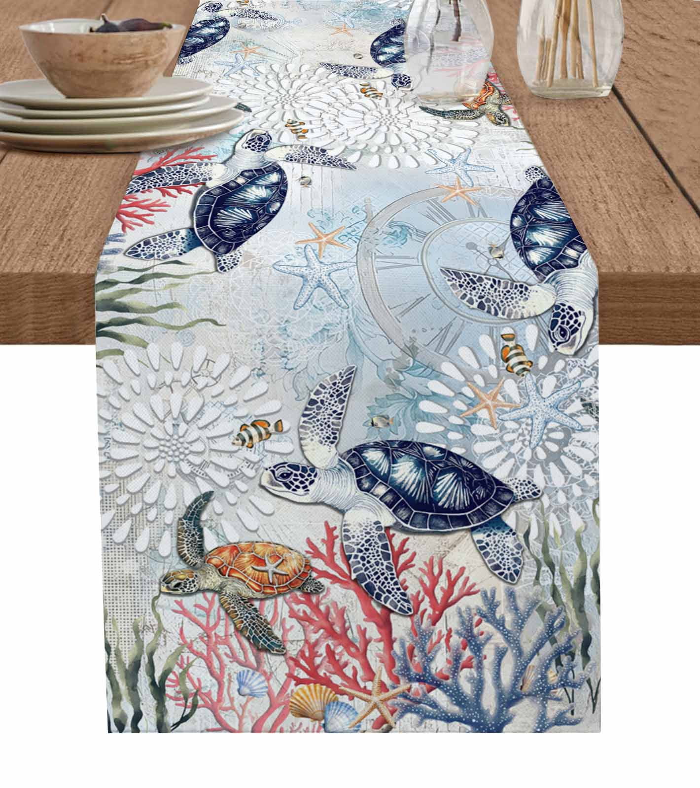 Blue Sea Turtle Coastal Burlap Cotton Table Runner 13x108 Inches Long ...