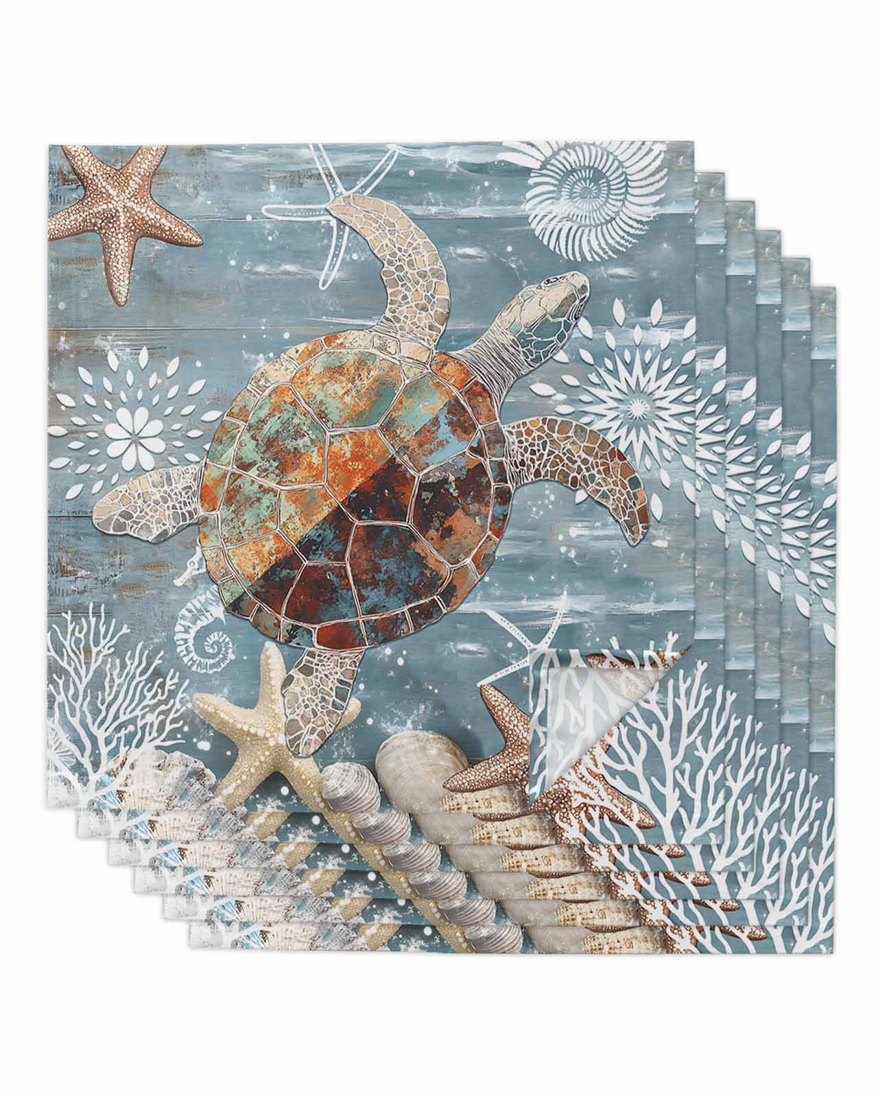 Blue Sea Turtle Coastal Cloth Napkins Washable Set of 6,Summer Beach ...