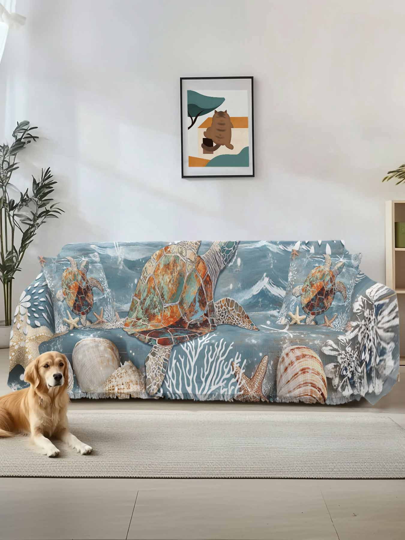 Blue Sea Turtle Coastal Couch Cover, Summer Beach Nautical Starfish ...