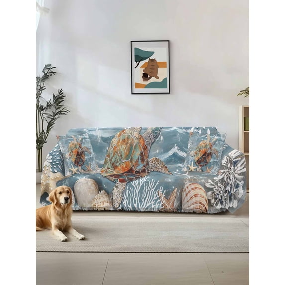 Blue Sea Turtle Coastal Couch Cover, Summer Beach Nautical Starfish ...