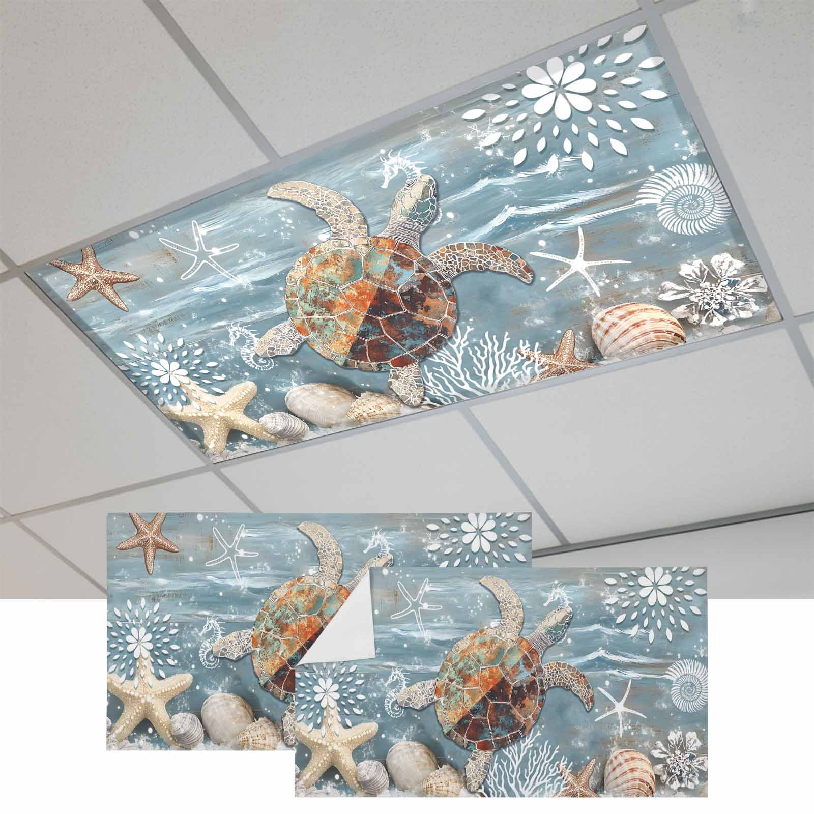 Blue Sea Turtle Coastal Fluorescent Light Covers, Summer Beach Nautical ...