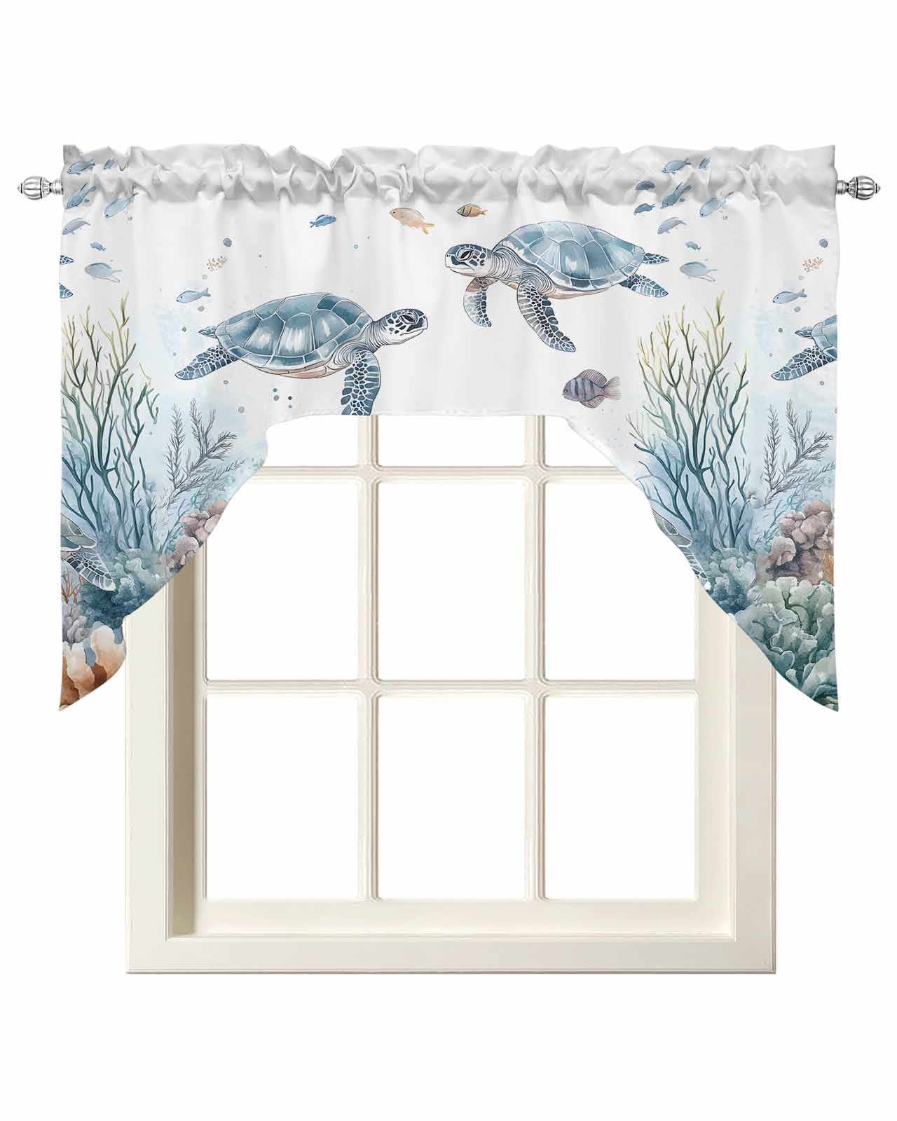 Blue Sea Turtle Coastal Kitchen Swag Valances for Windows, Summer Beach ...