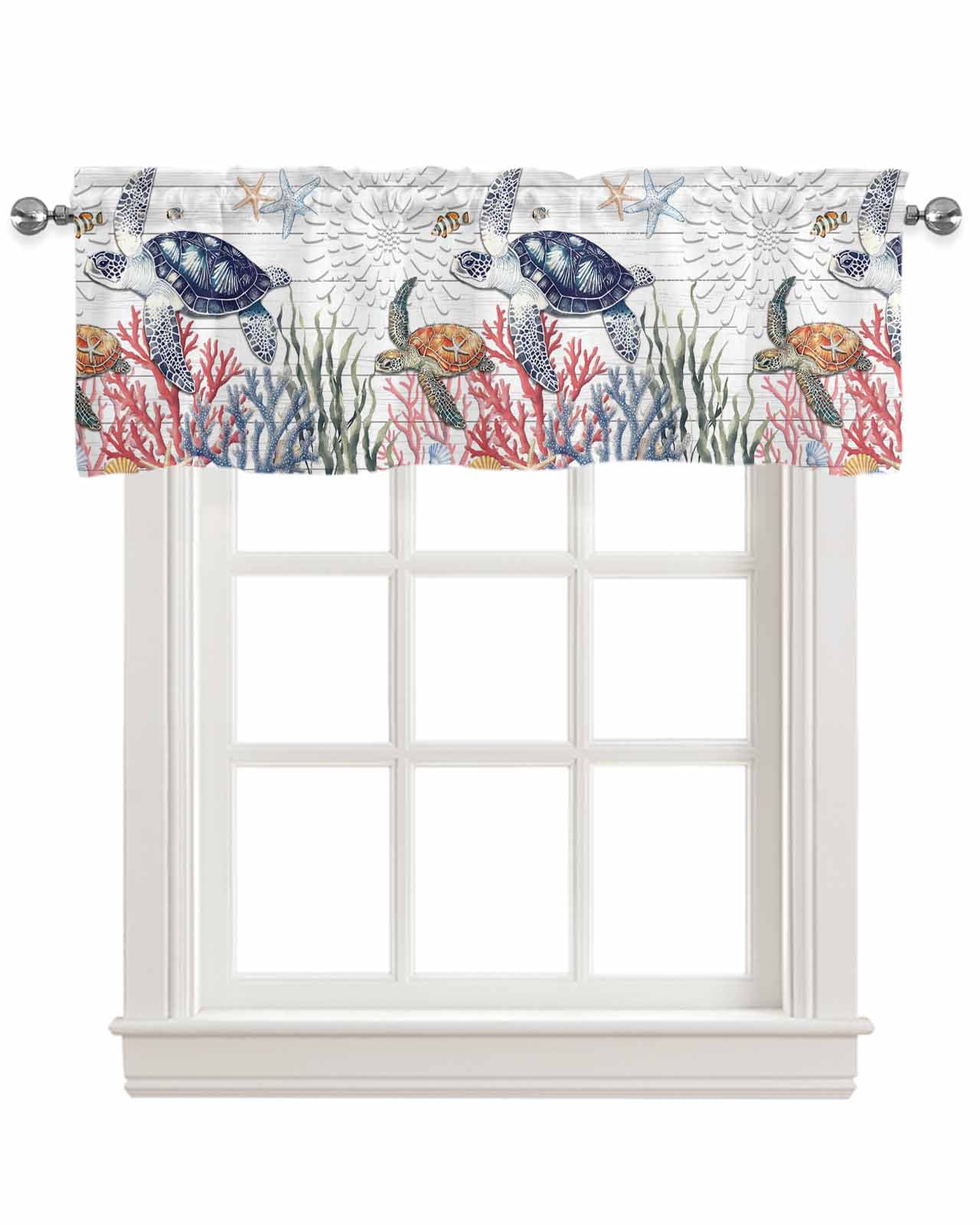 Blue Sea Turtle Coastal Kitchen Valances for Windows Farmhouse Linen ...