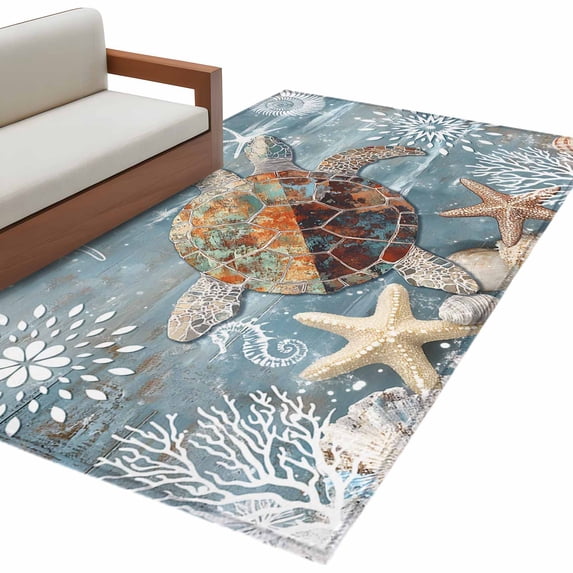 Blue Sea Turtle Coastal Large Area Rugs for Bedroom Living Room, Soft ...