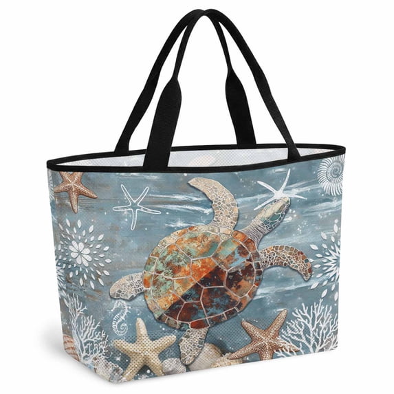 Blue Sea Turtle Coastal Mesh Beach Bag for Women Men,Large Beach Tote ...
