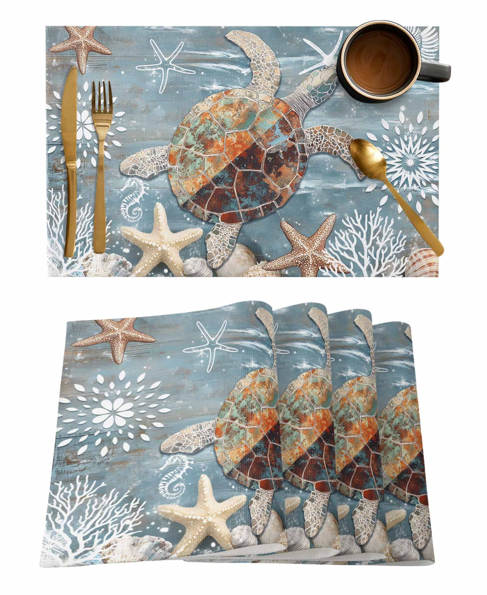 Blue Sea Turtle Coastal Placemats Set of 4, Summer Beach Nautical ...