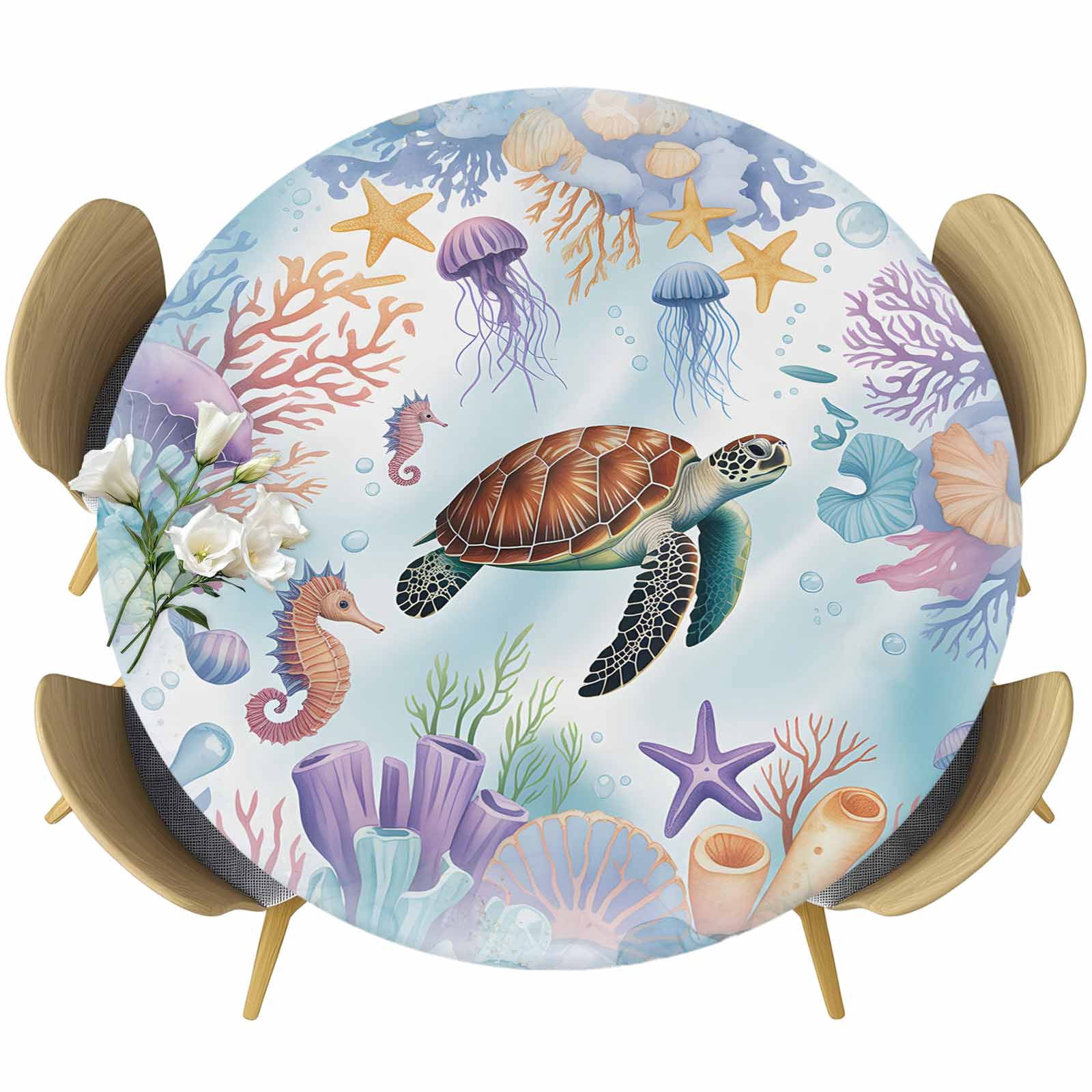 Blue Sea Turtle Coastal Round Tablecloth, Fitted Table Cover with ...