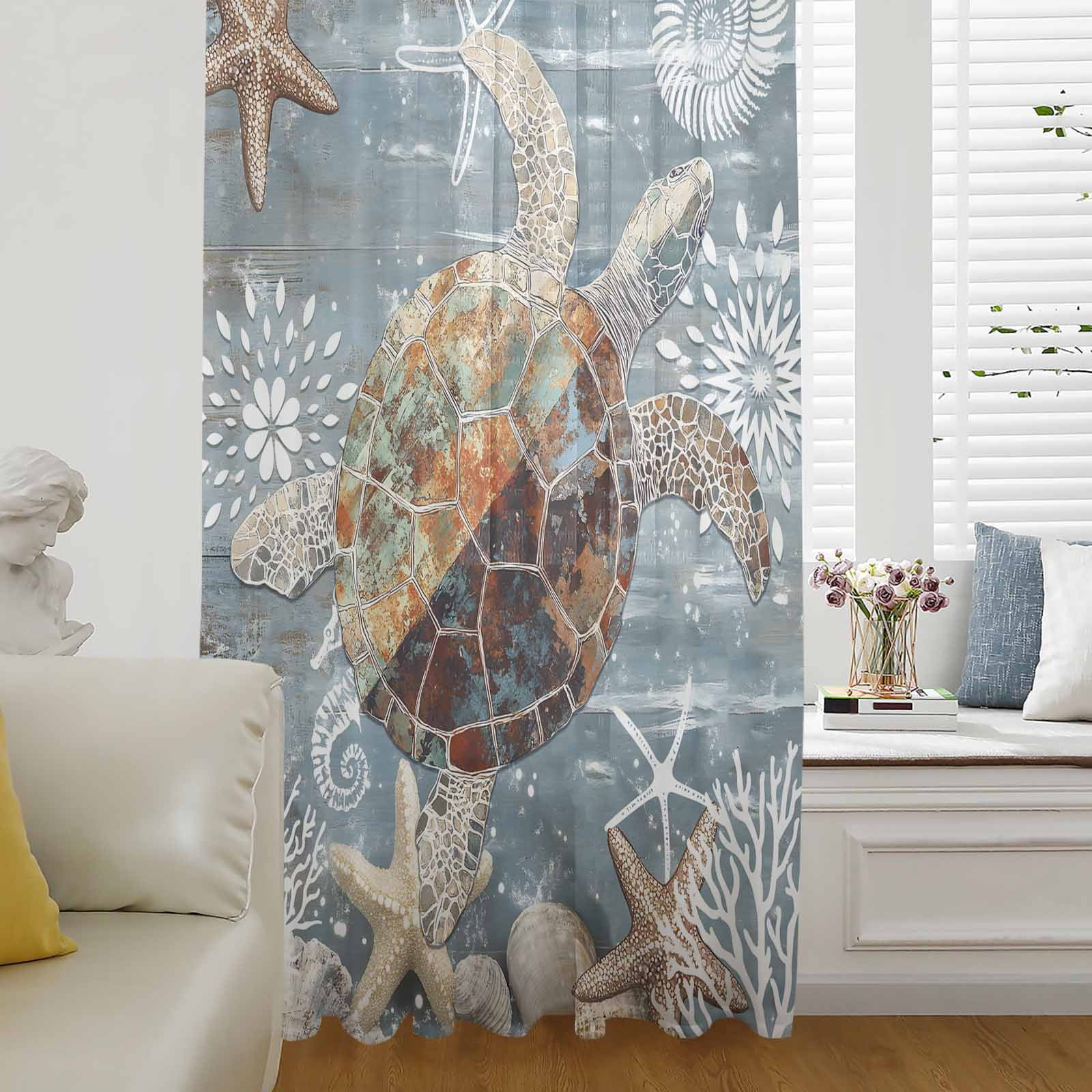 Blue Sea Turtle Coastal Semi Sheer Curtains Drapes for Living Room ...