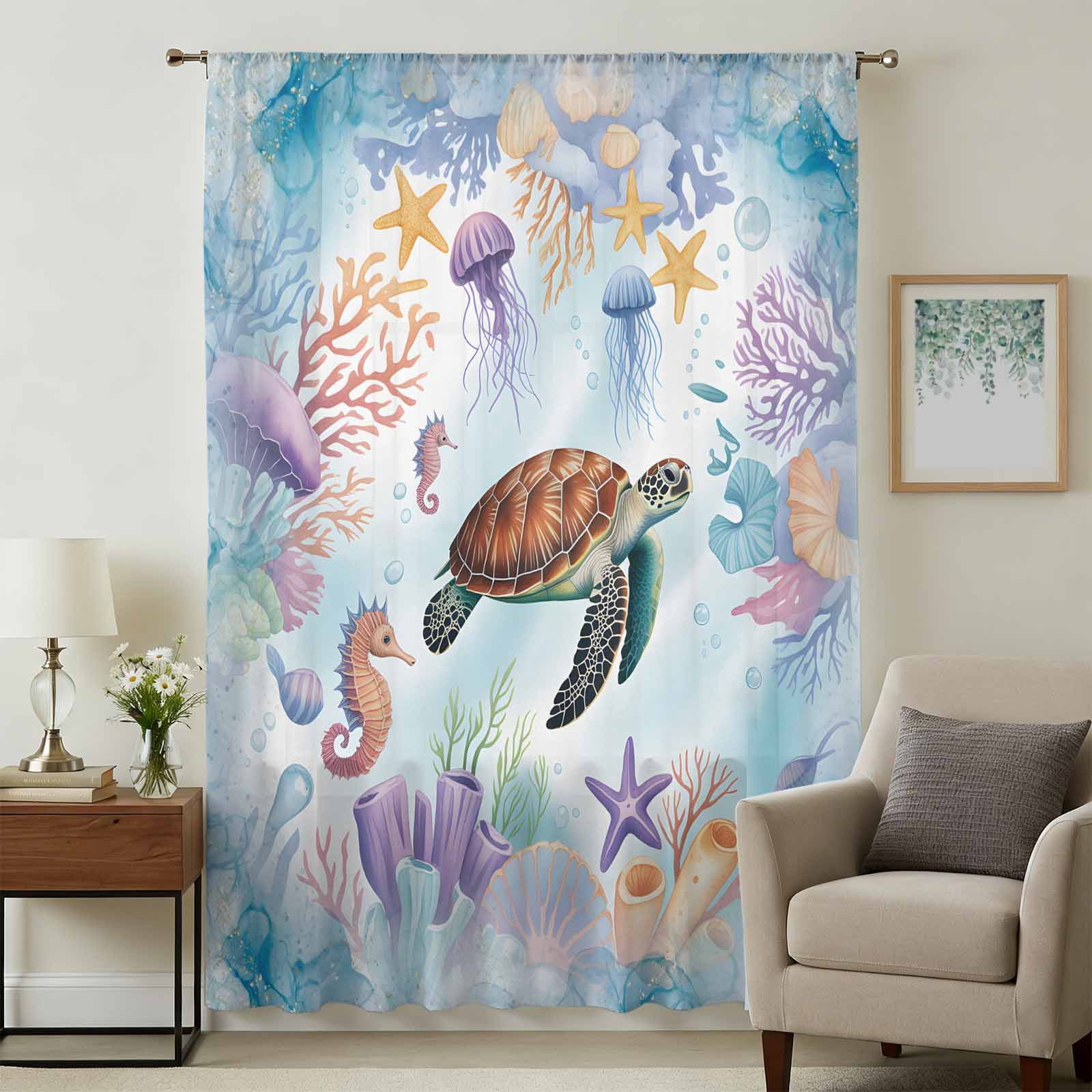 Blue Sea Turtle Coastal Sheer Curtains 45" Long, Purple Summer Beach ...