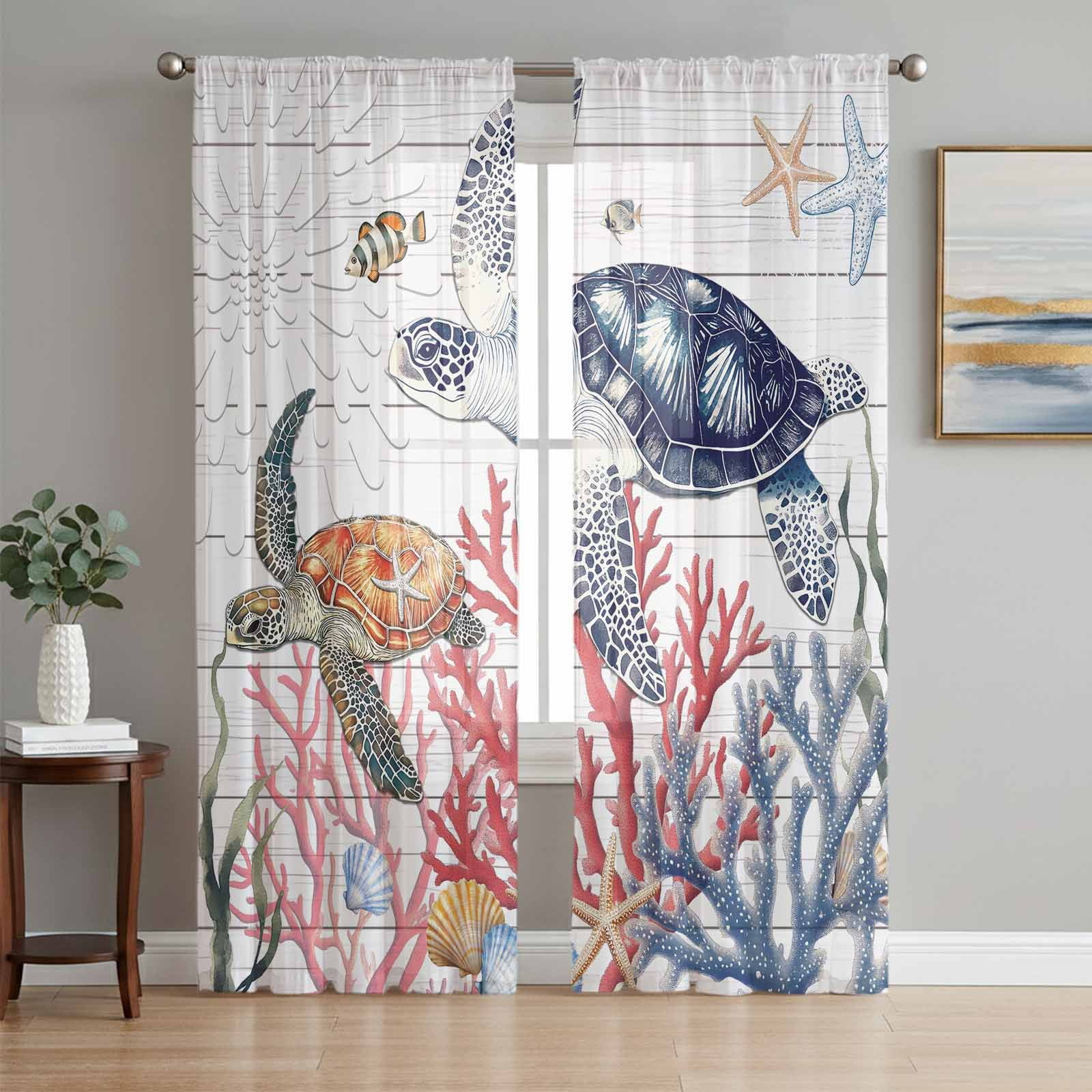 Blue Sea Turtle Coastal Sheer Curtains 84 Inch Length 2 Panels Set ...