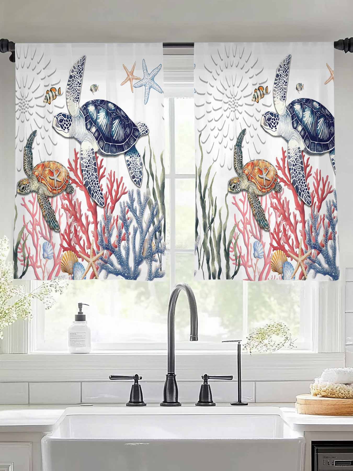 Blue Sea Turtle Coastal Sheer Curtains for Living Room Bedroom Summer ...
