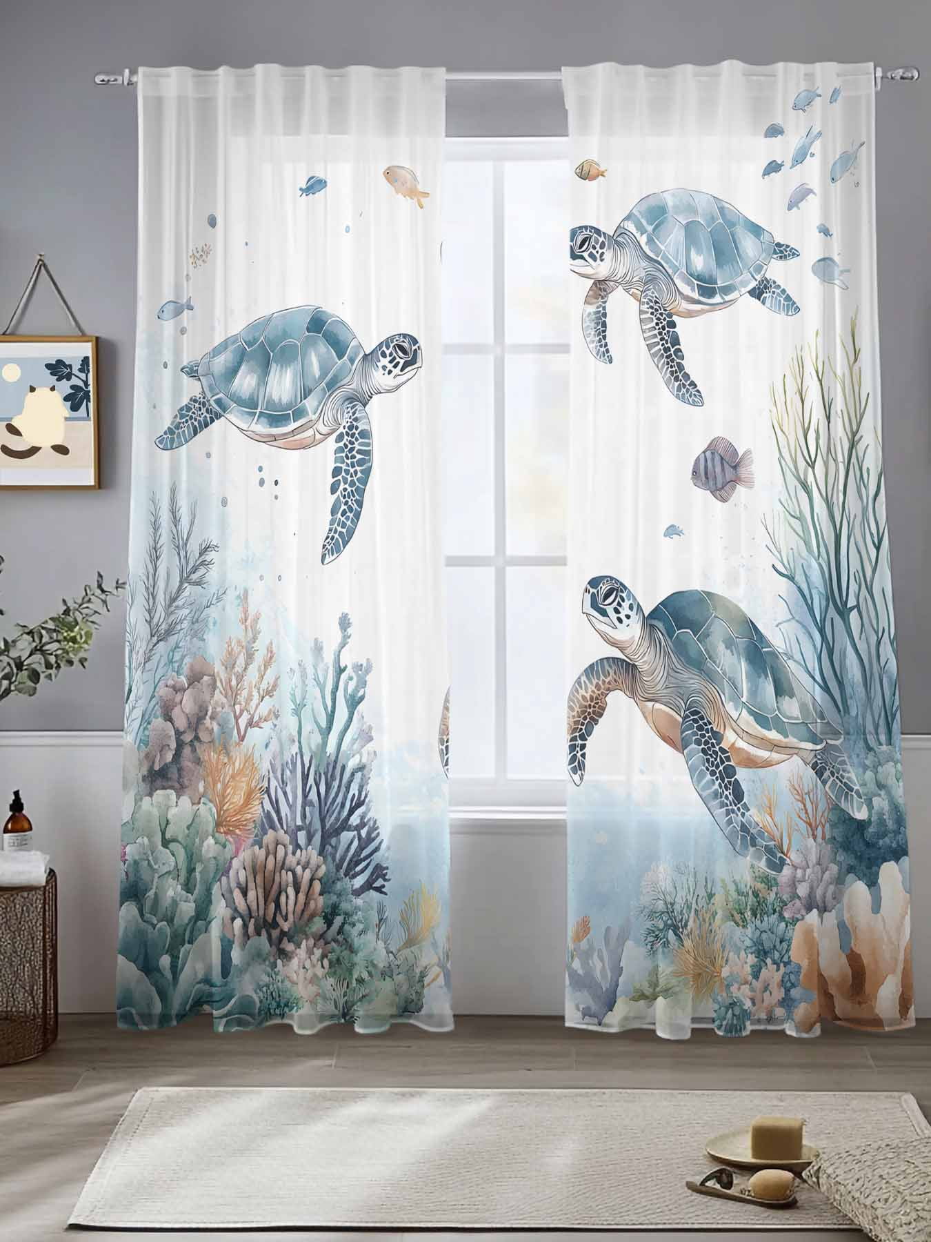 Blue Sea Turtle Coastal Sheer Curtains for Living Room Bedroom Summer ...