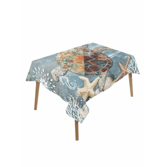 Blue Sea Turtle Coastal Table Cloth, Summer Beach Nautical Starfish ...