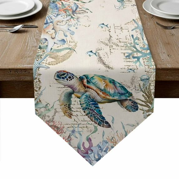 Blue Sea Turtle Coastal Table Runner Linen Burlap Table Runner 120 ...