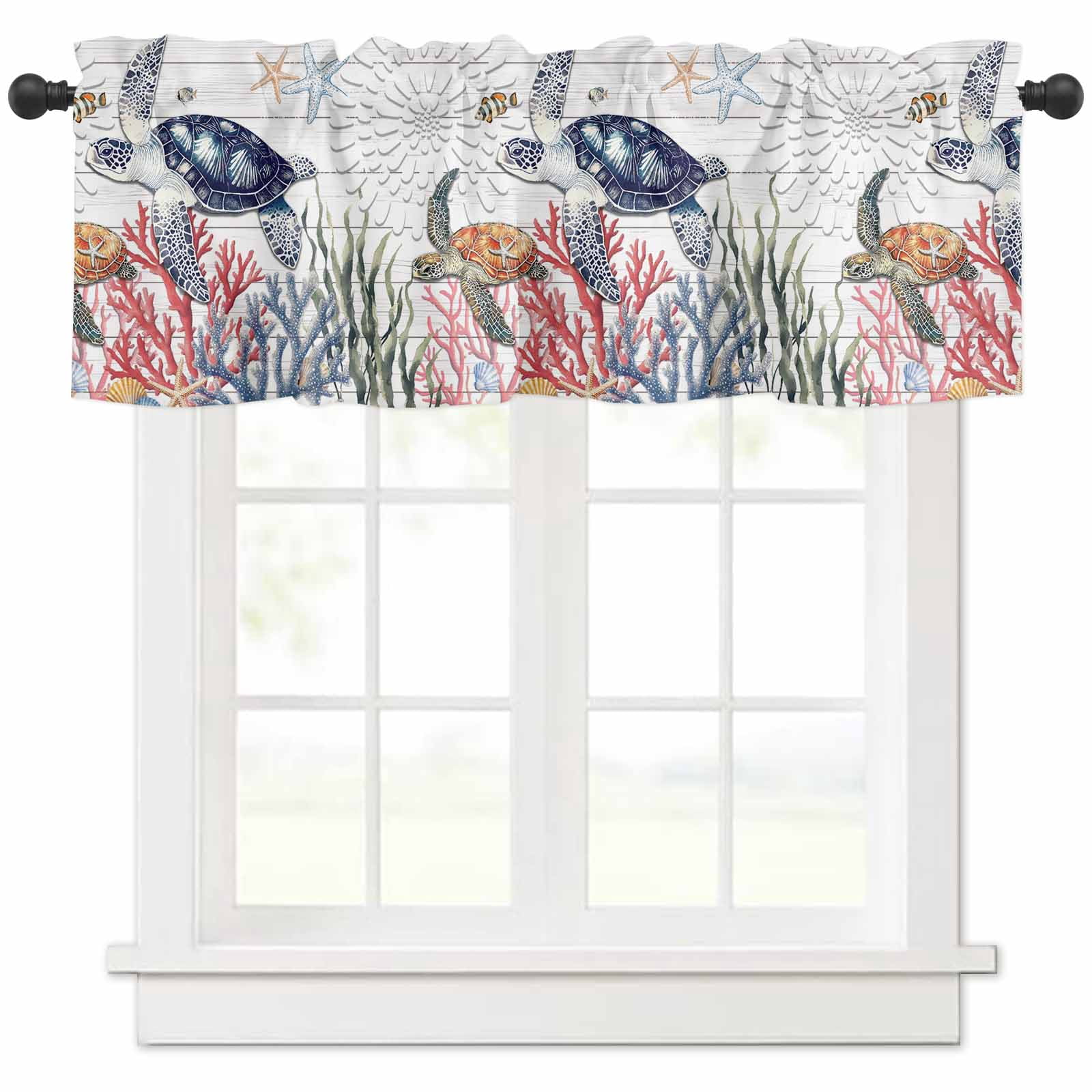 Blue Sea Turtle Coastal Valances for Windows Farmhouse Kitchen Curtains ...