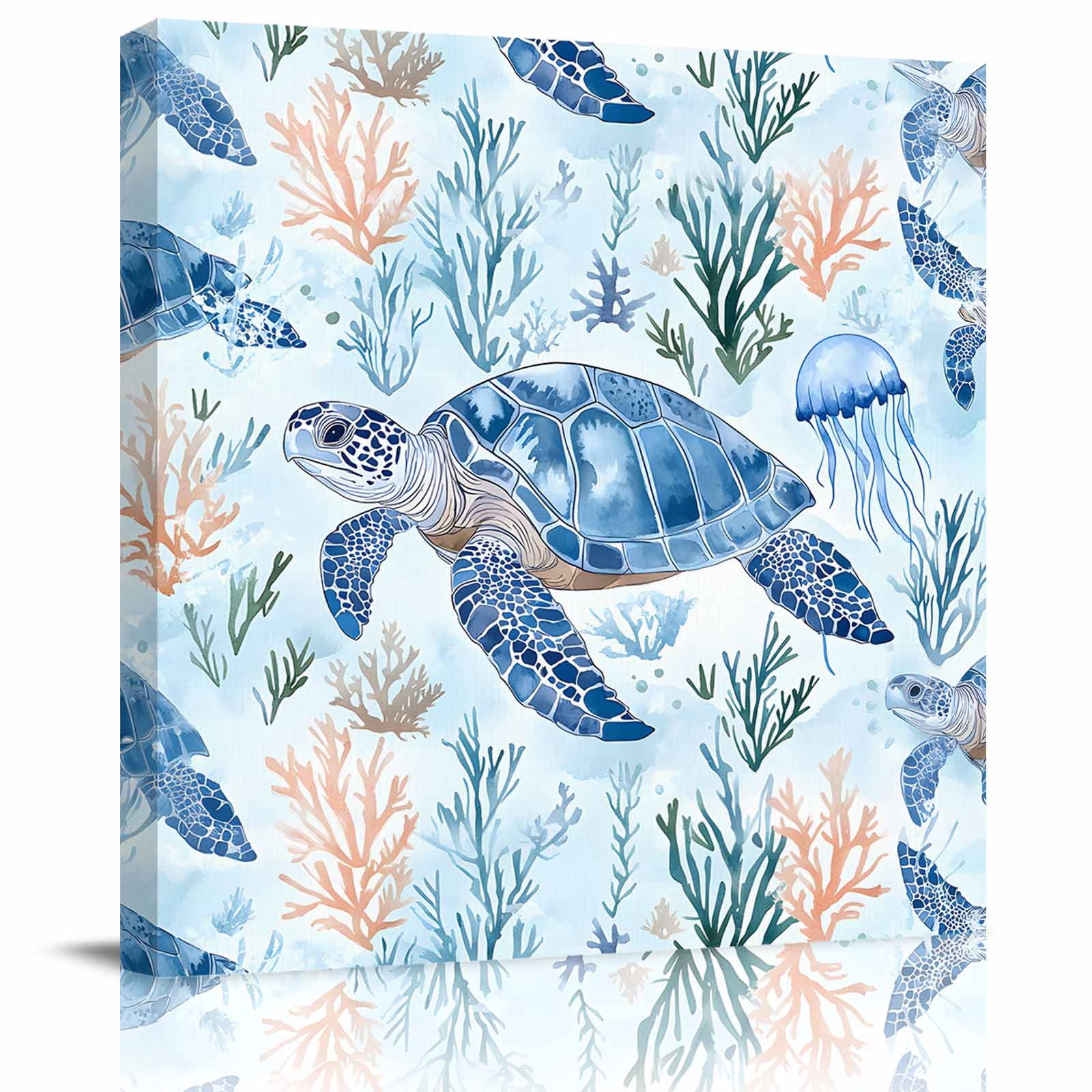 Blue Sea Turtle Coral Jellyfish Canvas Artwork Painting Art, Summer ...