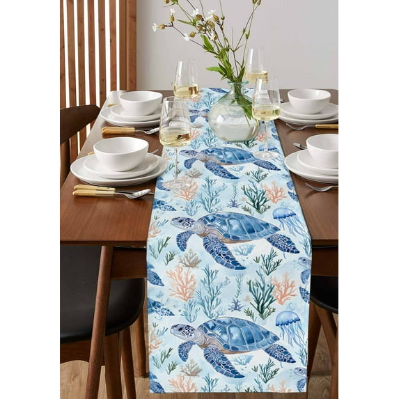 Blue Sea Turtle Coral Jellyfish Table Runner 13x72in Non-Slip Cotton ...