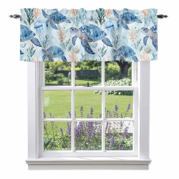 Blue Sea Turtle Coral Jellyfish Valances for Windows,Rod Pocket Valance ...