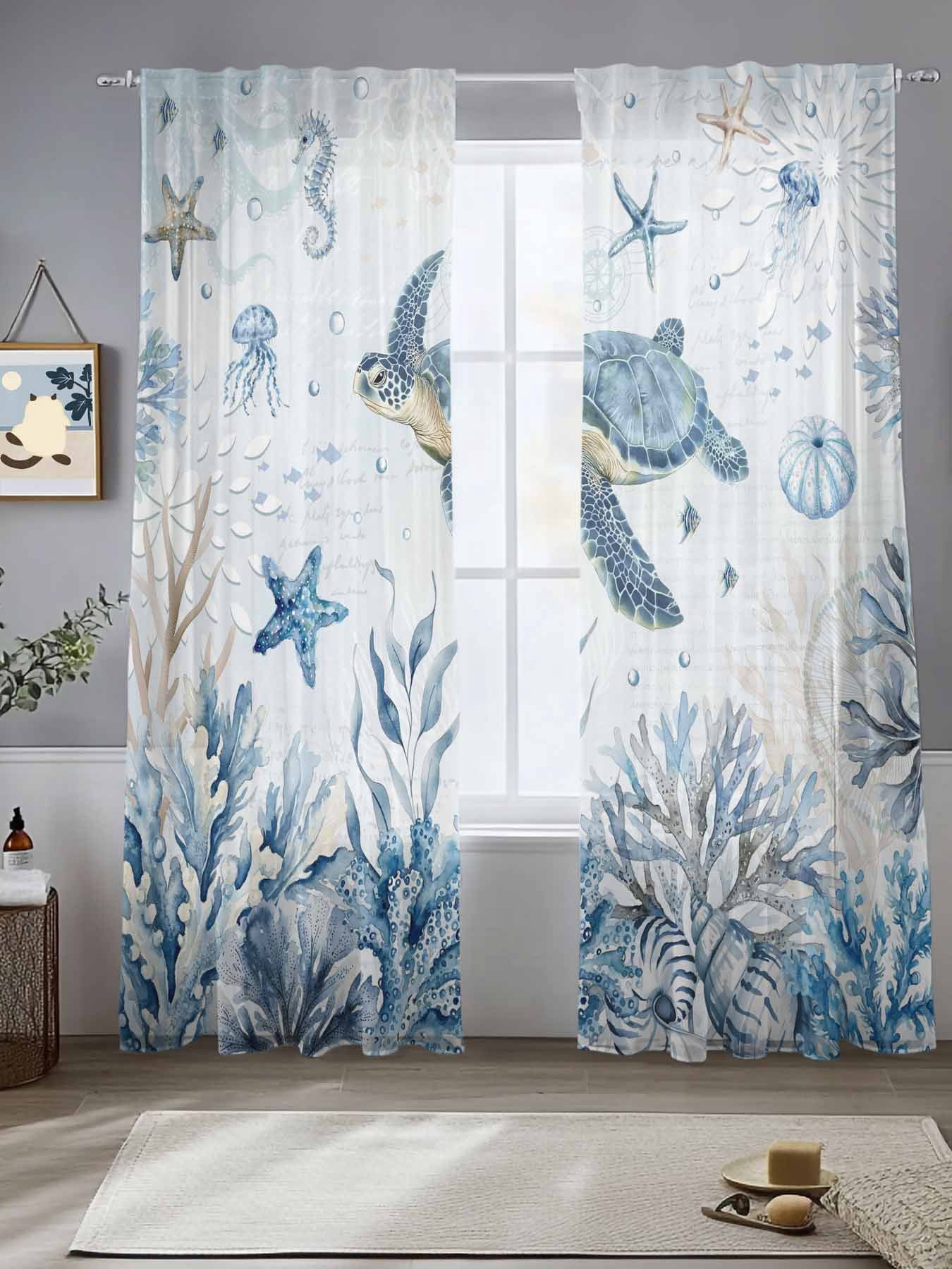 Blue Sea Turtle Coral Shells Starfish Chiffon Sheer Curtains 84 Inches ...