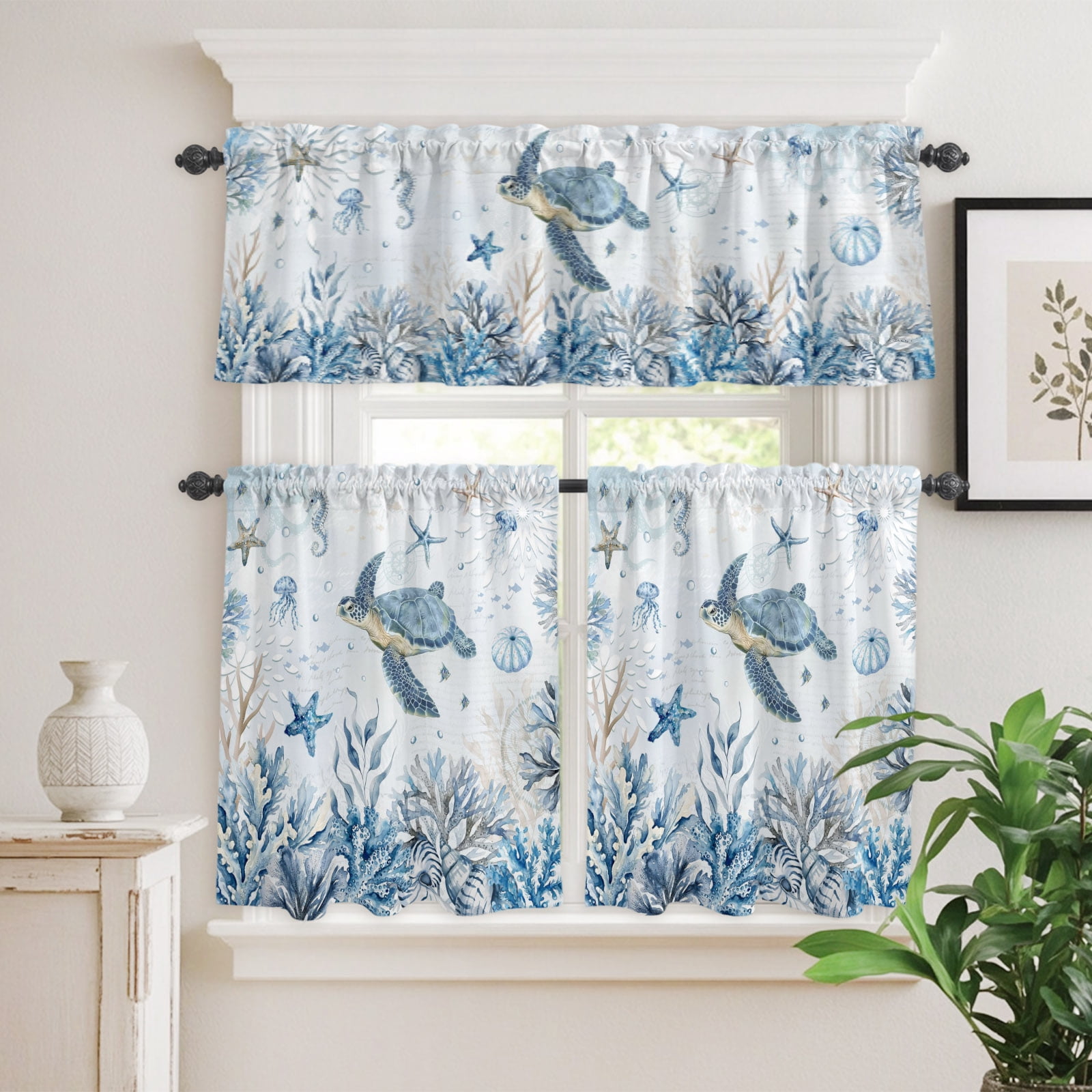 Blue Sea Turtle Coral Shells Starfish Curtain Tier and Valance Set 3 ...