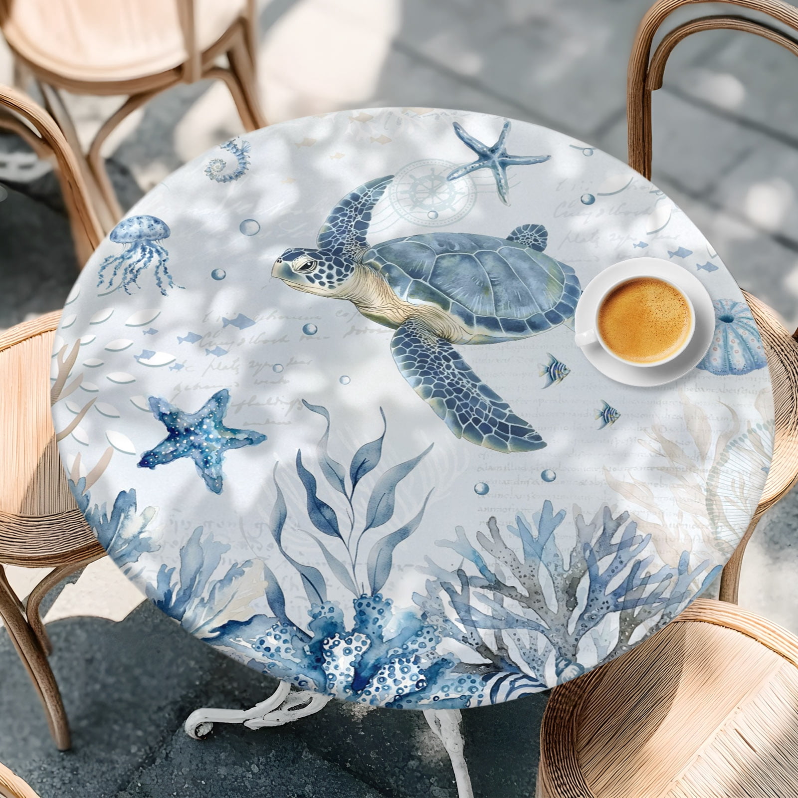 Blue Sea Turtle Coral Shells Starfish Round Fitted Tablecloth with ...