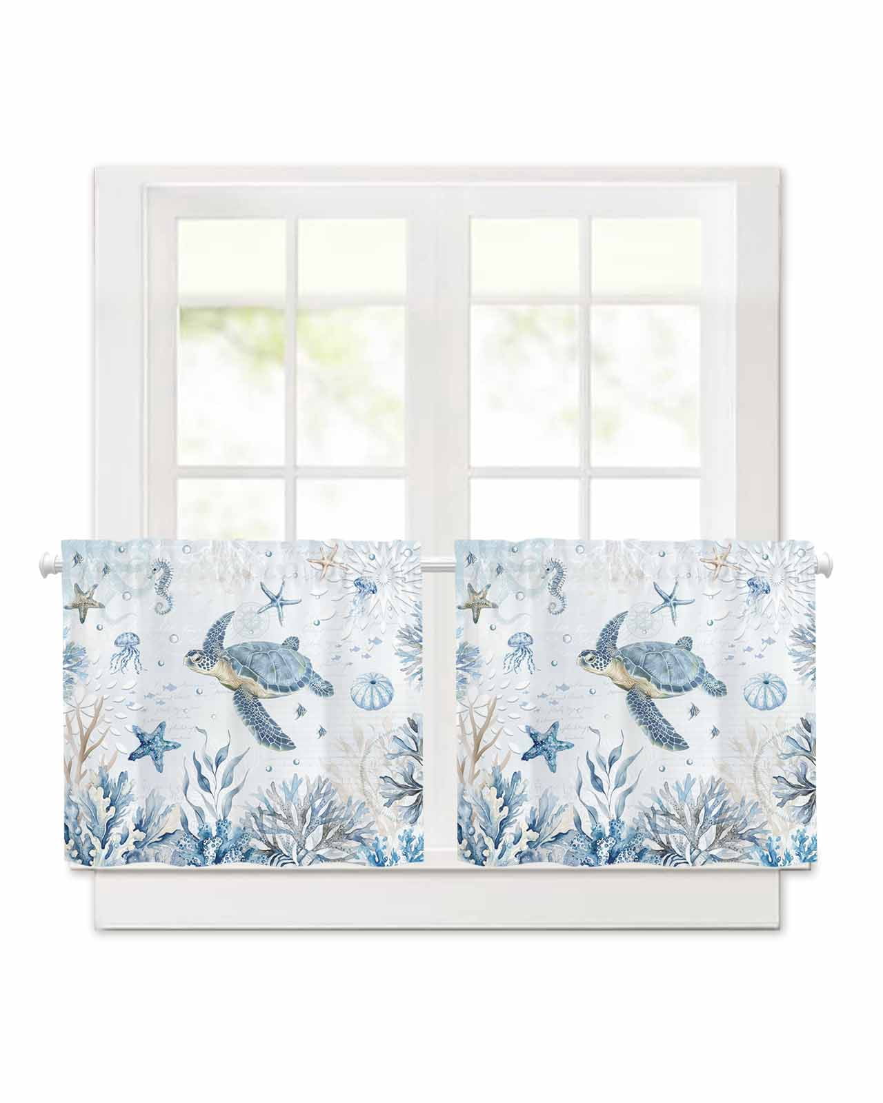 Blue Sea Turtle Coral Shells Starfish Short Blackout Curtains 30 Inch ...
