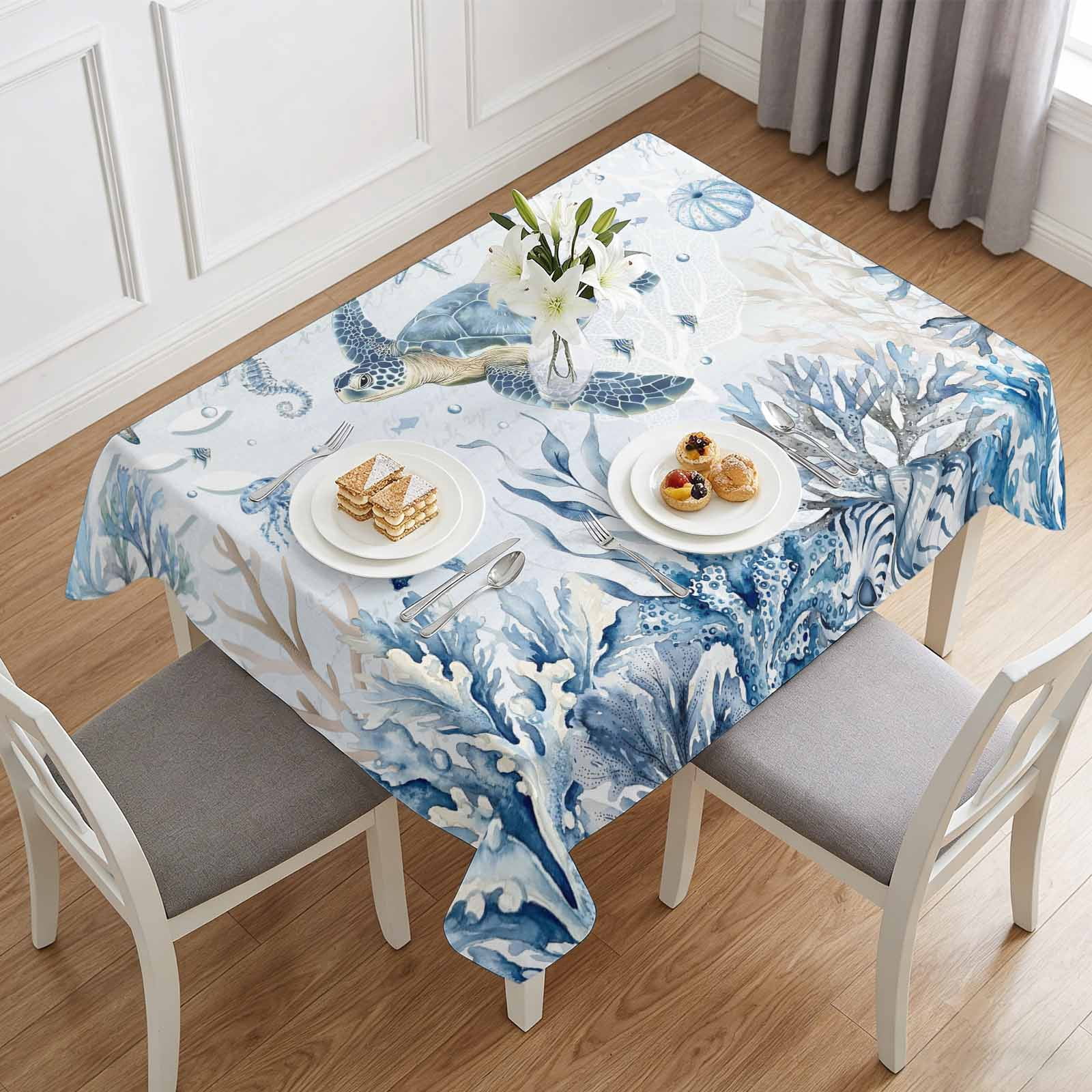 Blue Sea Turtle Coral Shells Starfish Table Cloth 60x84in, Waterproof ...