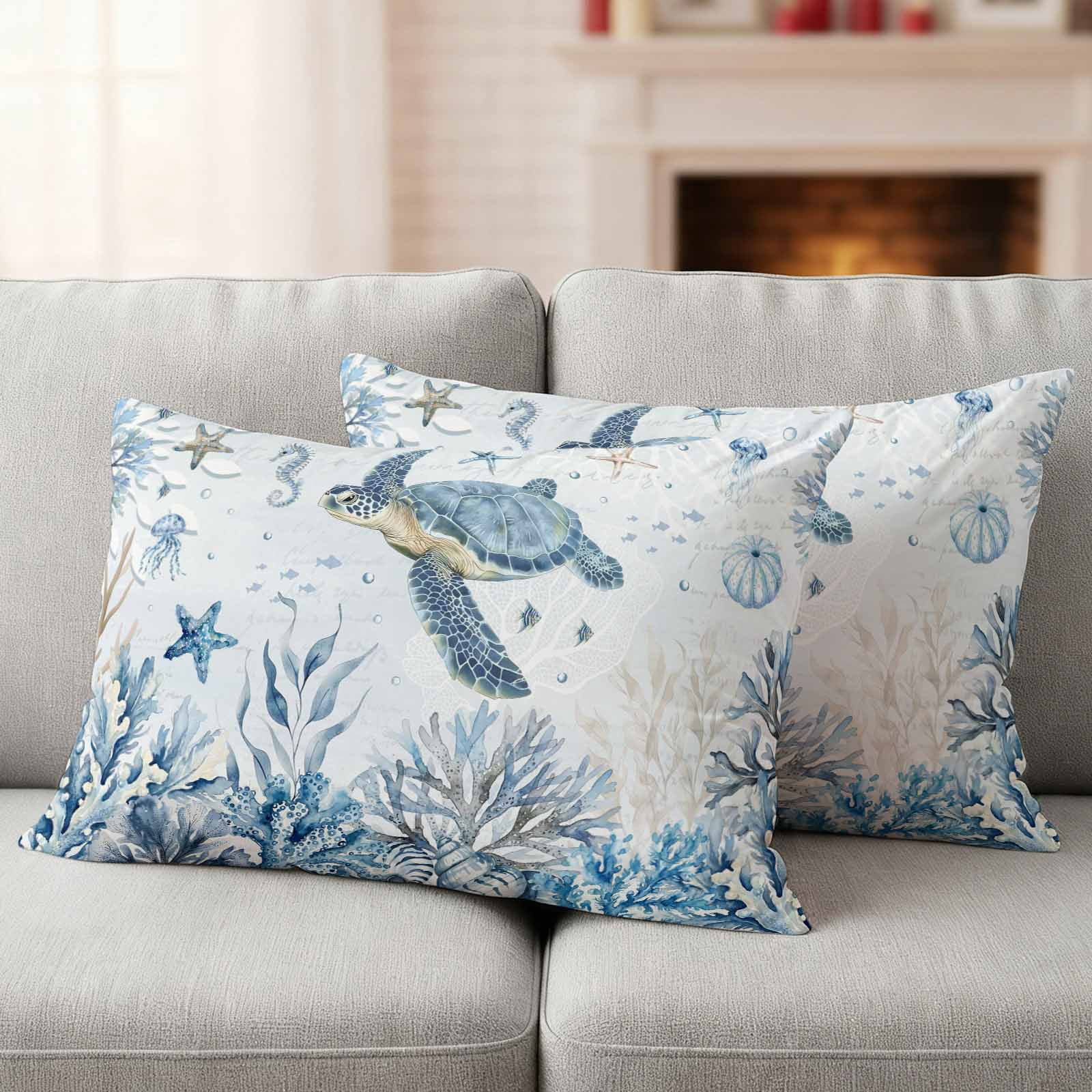 Blue Sea Turtle Coral Shells Starfish Waterproof Throw Pillow Covers ...