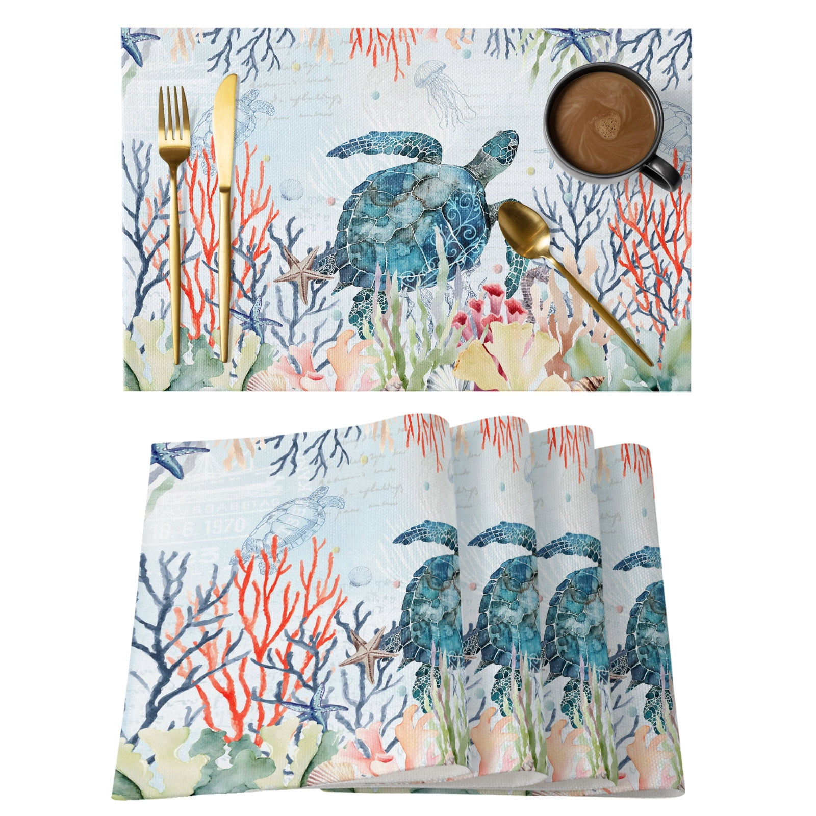 Blue Sea Turtle Cotton Linen Placemats Set of 1, Watercolor Rustic Red ...