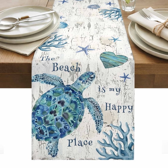 Blue Sea Turtle Cotton Linen Table Runner Beach Happy Place Seashell ...