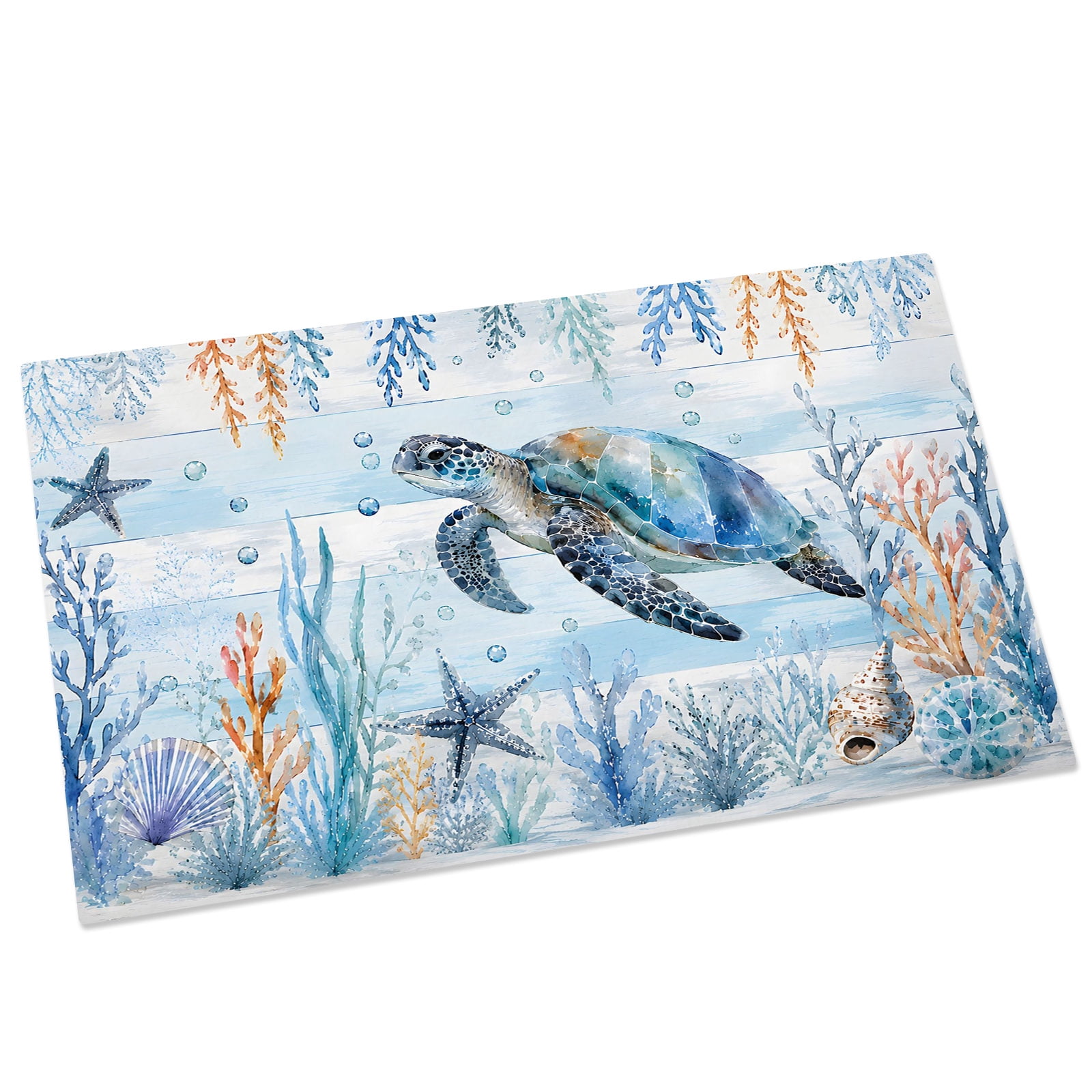 Blue Sea Turtle Door Mat 20x31.5 Inch Nautical Coastal Starfish Shell ...