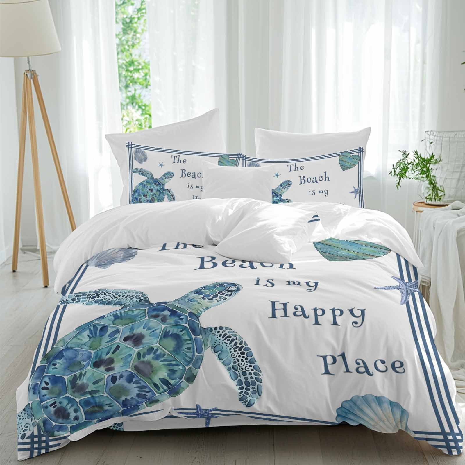 Blue Sea Turtle Duvet Cover Set King Size, Watercolor Beach Happy Place ...