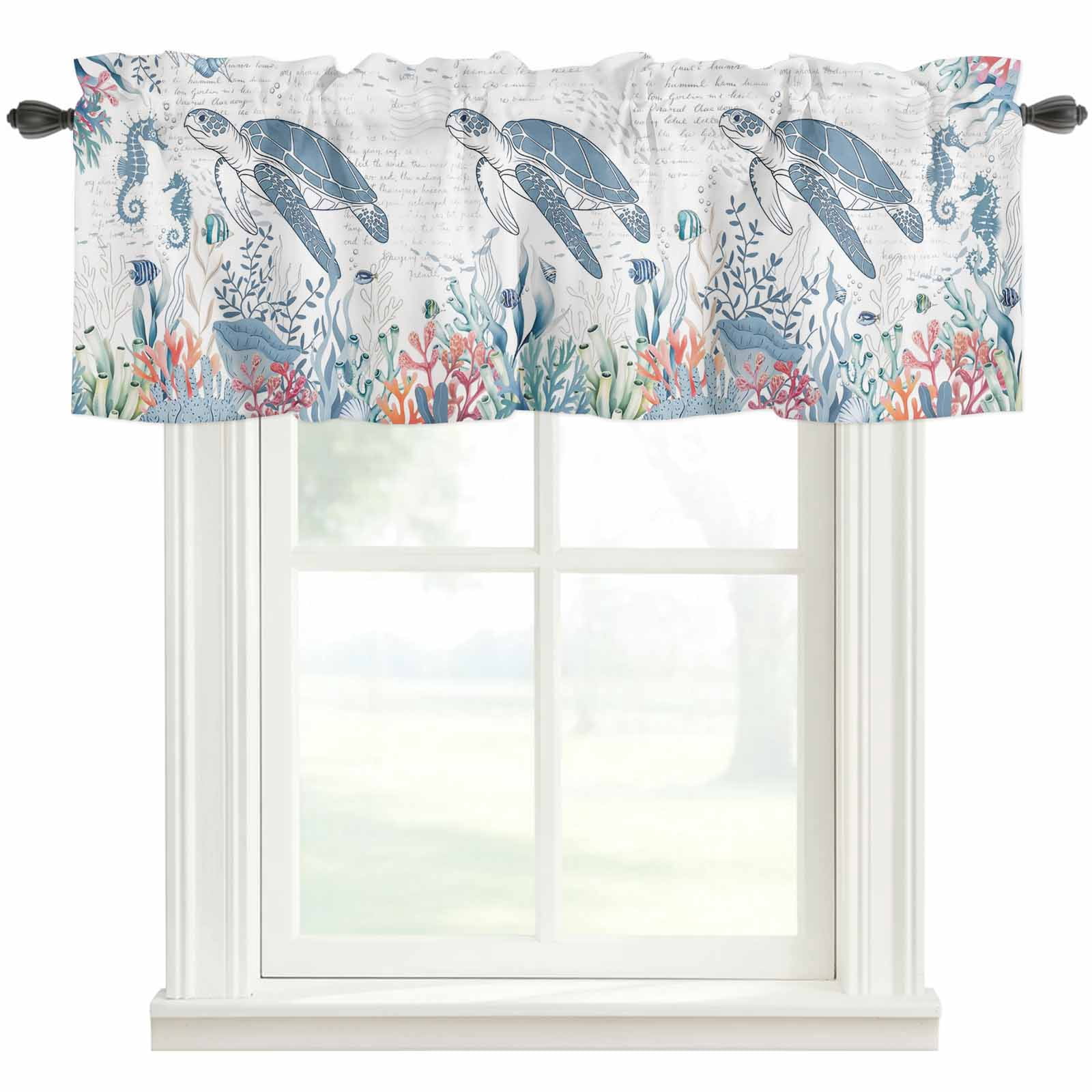 Blue Sea Turtle Farmhouse Short Window Curtain Valances, Coastal Summer ...