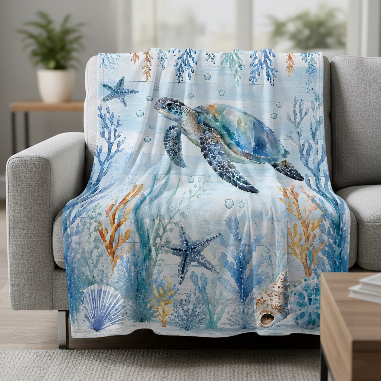 Blue Sea Turtle Fleece Throw Blanket Nautical Coastal Starfish Shell ...