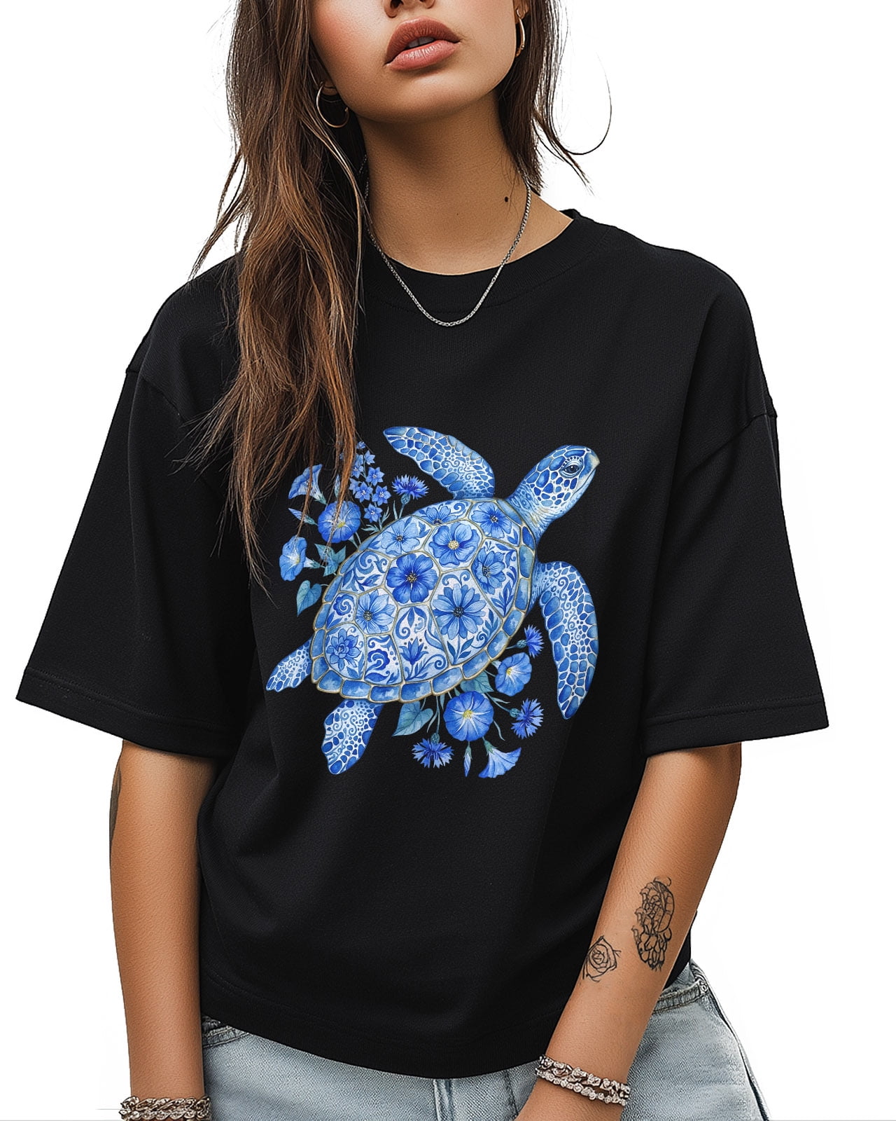 Blue Sea Turtle Flower T Shirts for Women Short Sleeve Cotton Crewneck ...
