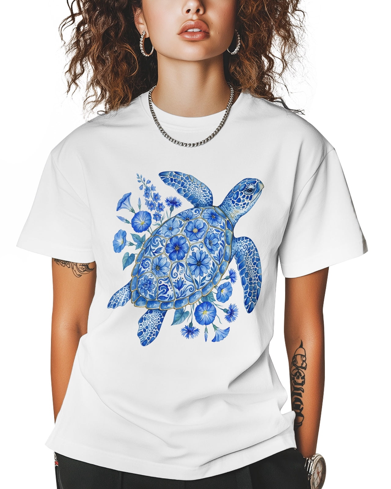Blue Sea Turtle Flower T Shirts for Women Short Sleeve Cotton Crewneck ...