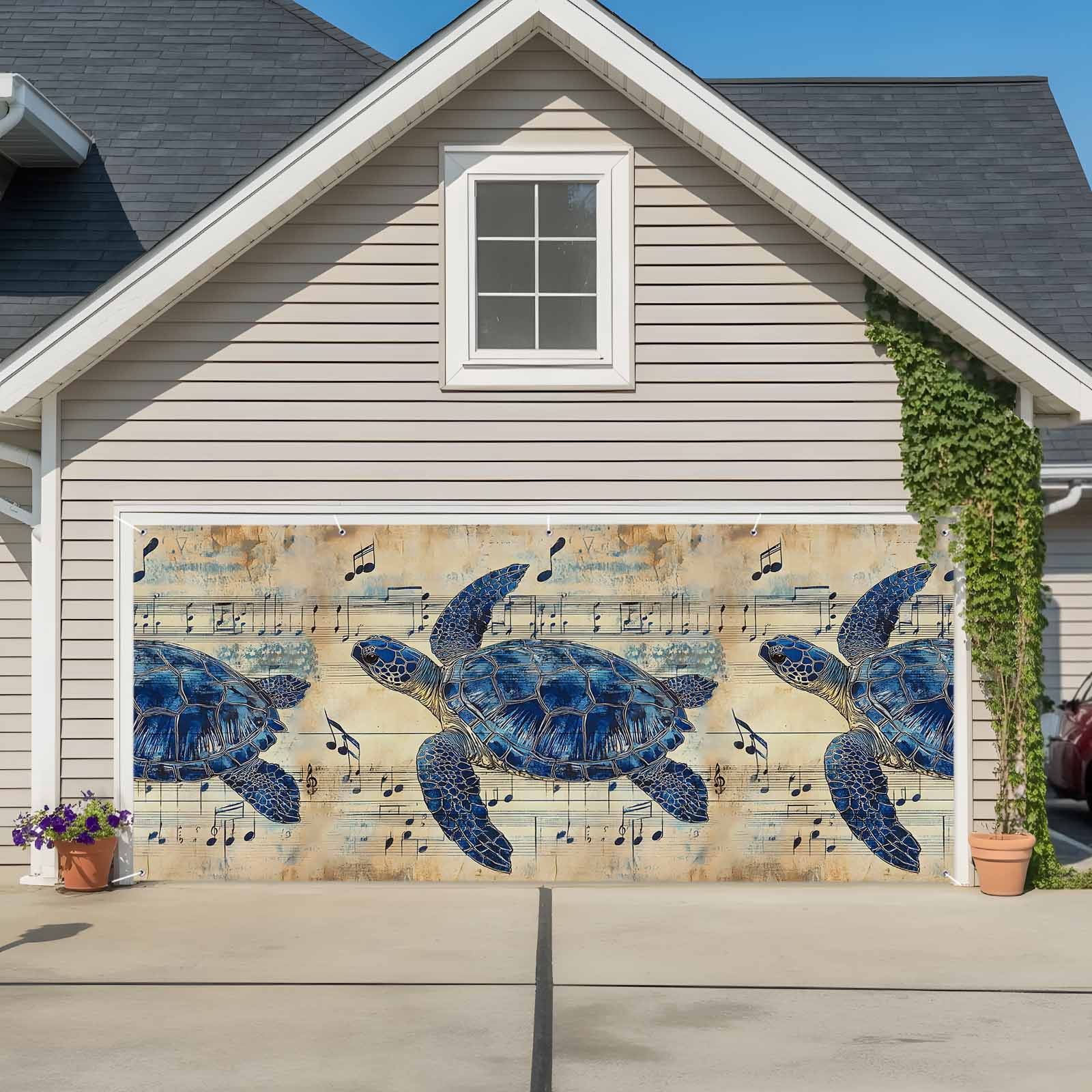 Blue Sea Turtle Garage Door Cover Banner 7 x 16 FT, Vintage Coastal ...