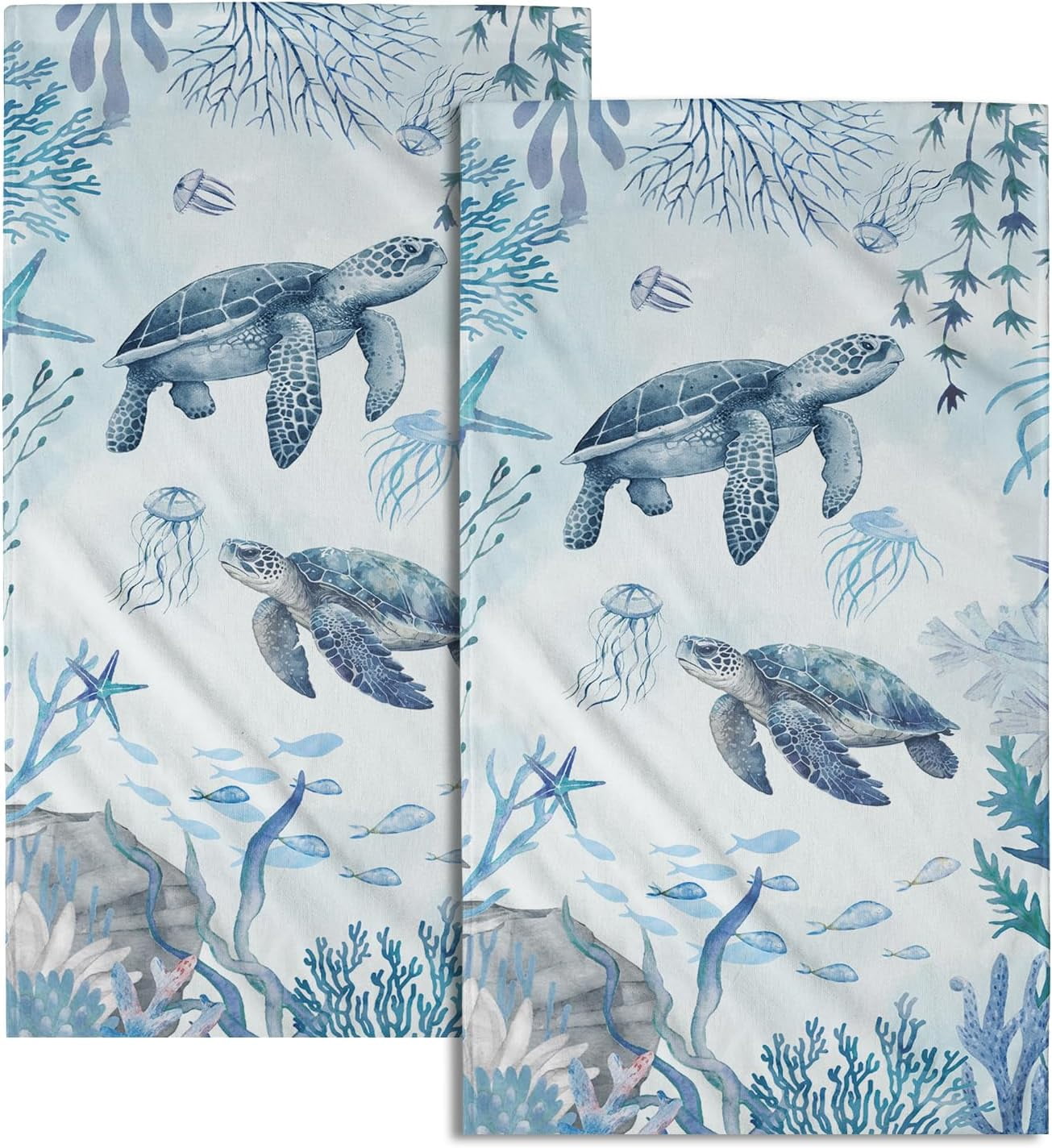 Blue Sea Turtle Hand Towels Set of 2 Marine Coral Small Bath Towels ...
