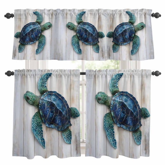 Blue Sea Turtle Kitchen Curtains Set for Windows, Wood Grain Curtains ...