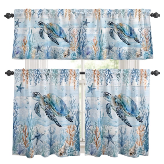 Blue Sea Turtle Kitchen Curtains Valance and Tier Set Nautical Coastal ...