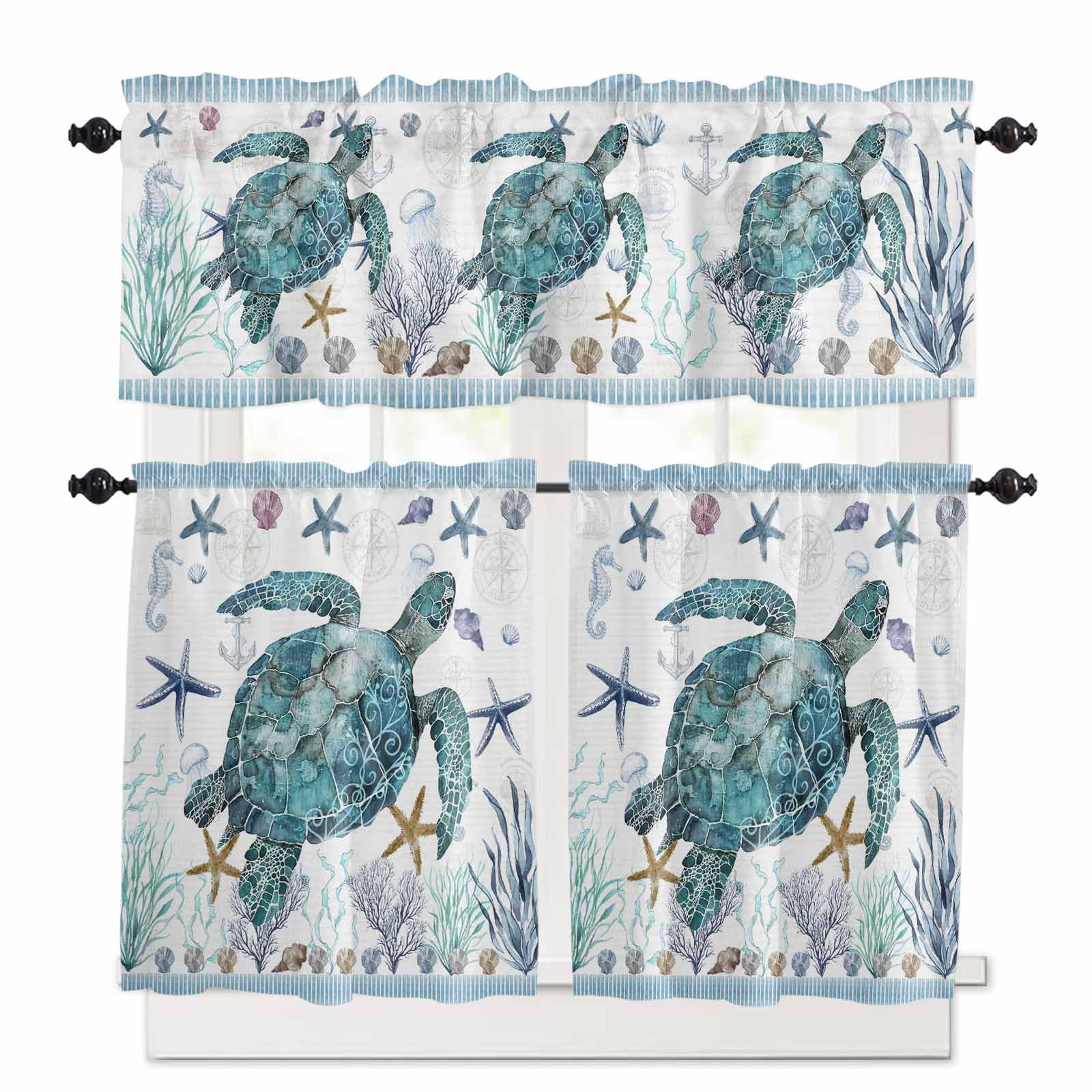 Blue Sea Turtle Kitchen Curtains Valance and Tier Set Ocean Watercolor ...
