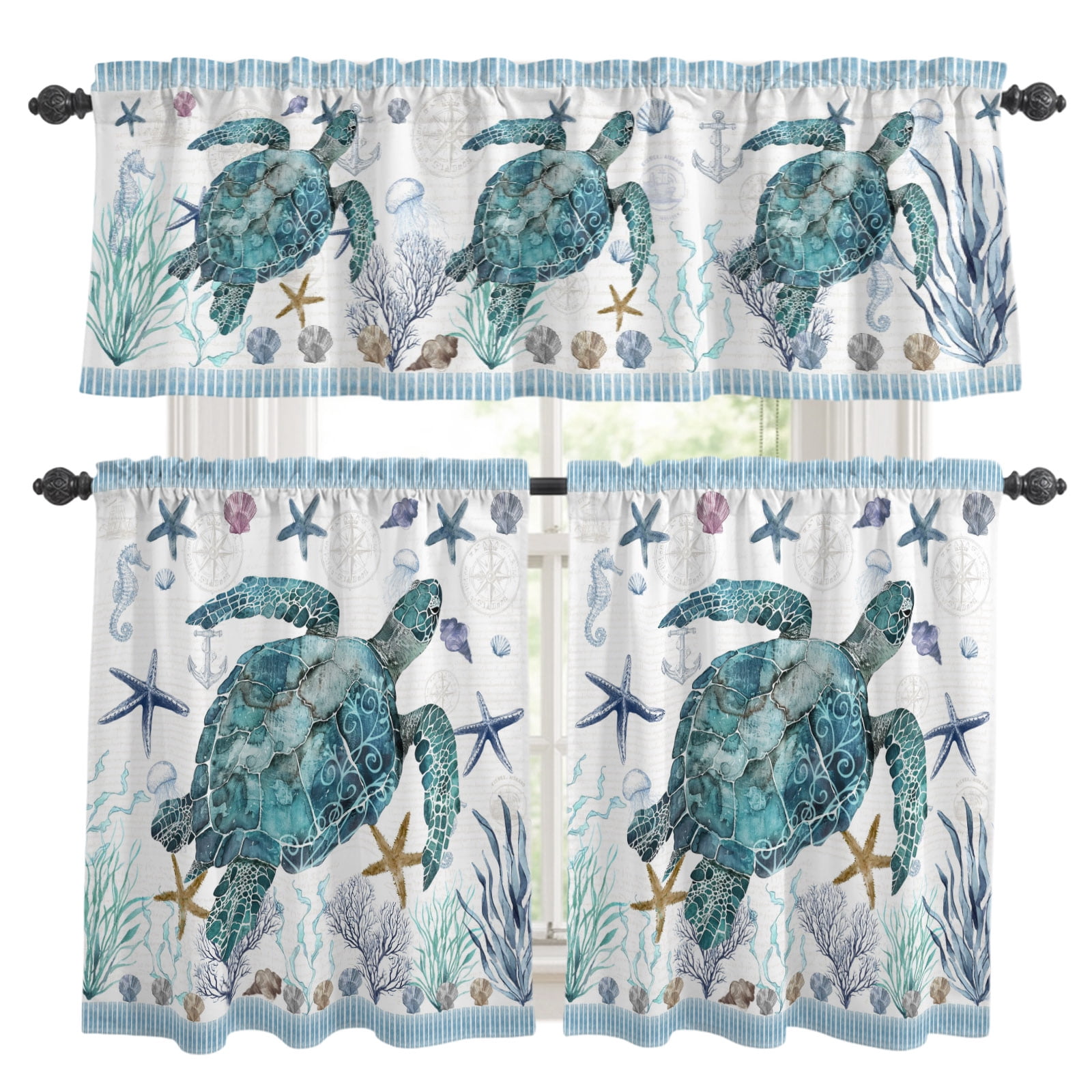 Blue Sea Turtle Kitchen Curtains and Valances Set, Ocean Watercolor ...